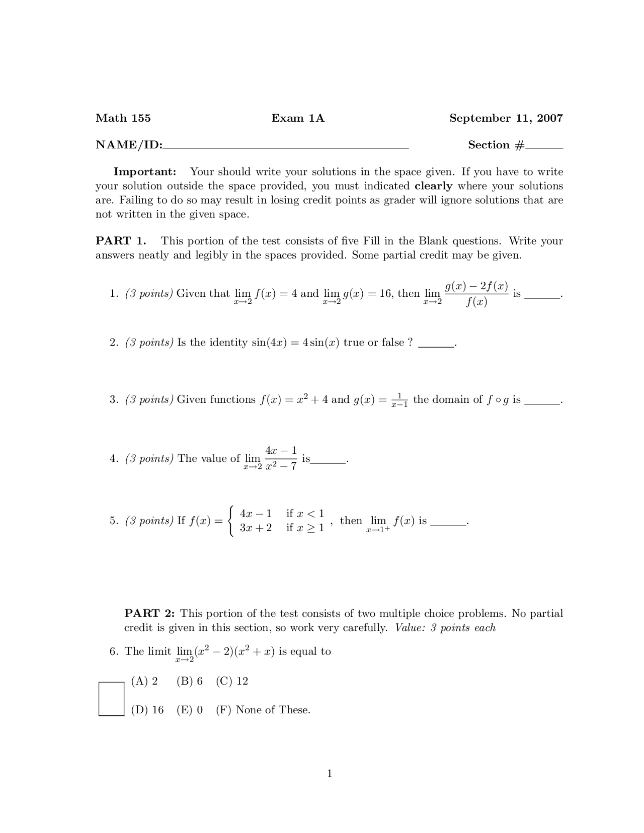 Exam 1 Sample Questions Calculus 1 Fall 2007 Math 155 Docsity