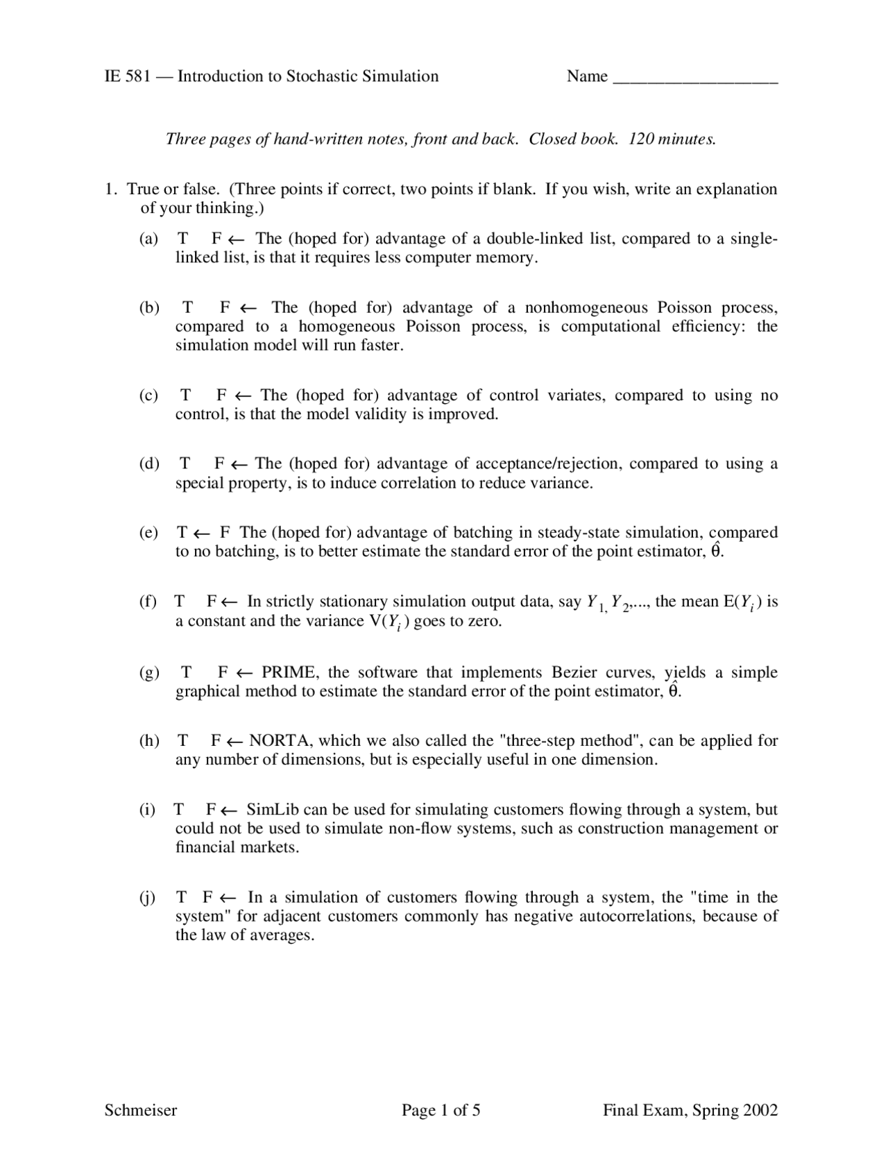 Introduction To Stochastic Simulation Final Exam Questions Ie 58100