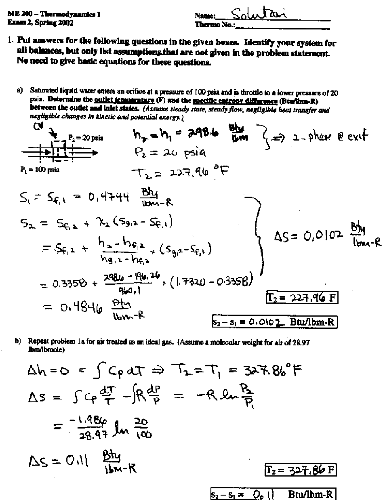 Solved Questions Of Thermodynamics I Exam 2 Me 20000 Docsity