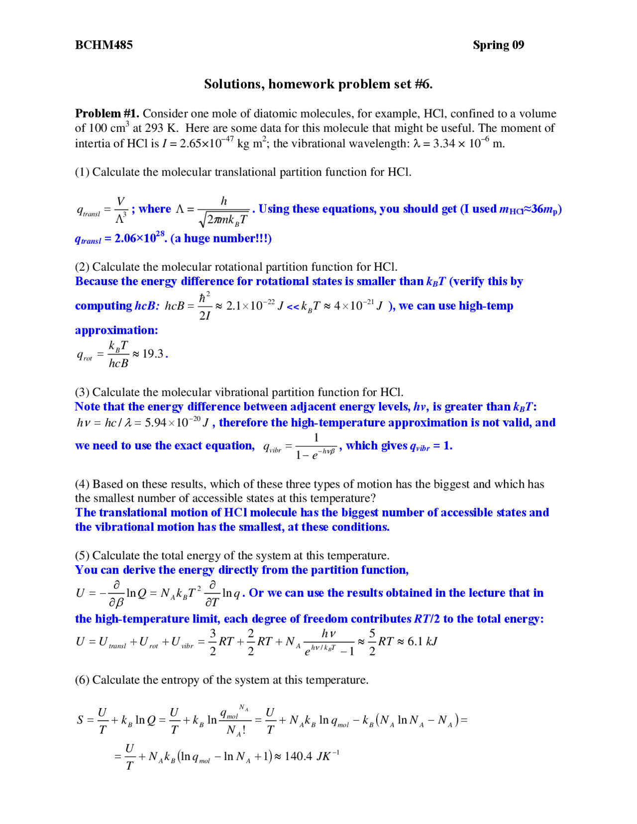 Solution To Homework Physical Biochemistry Bchm 485 Docsity
