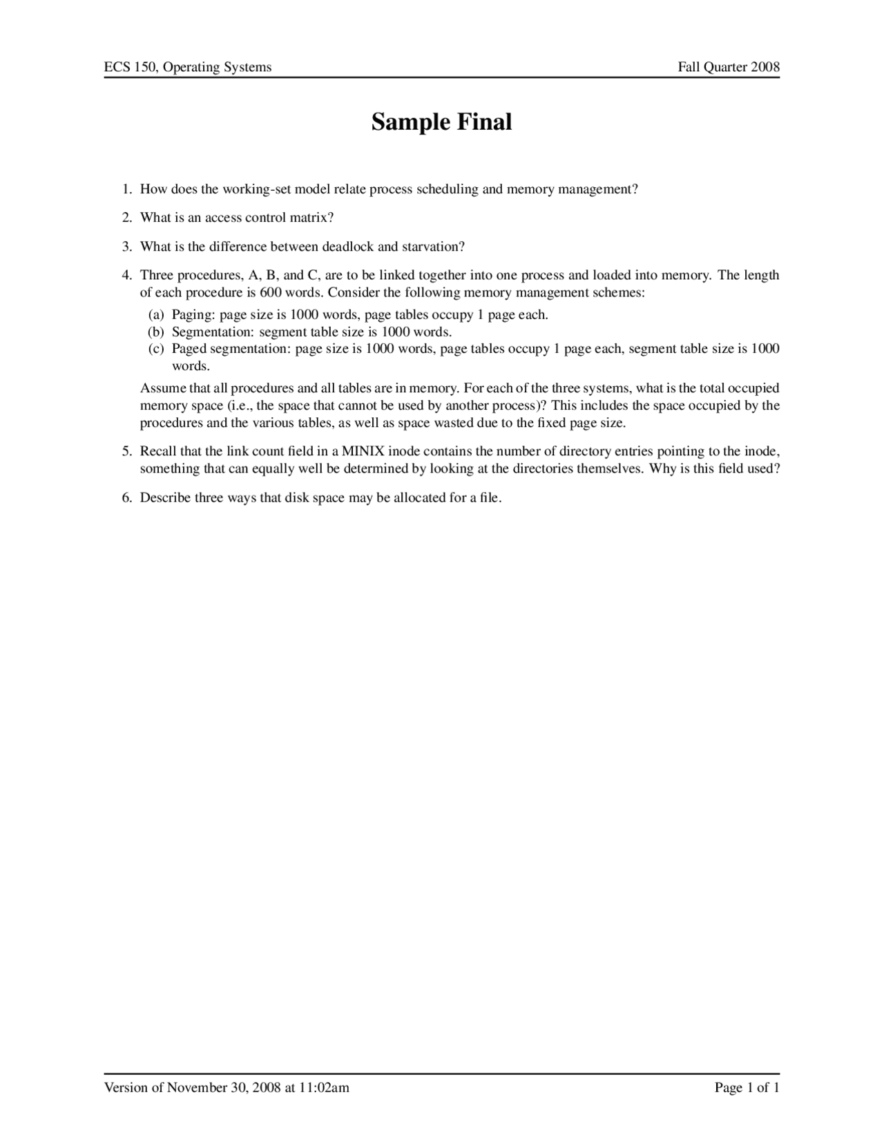 Sample Final Exam For Operating Systems Ecs 150 Docsity