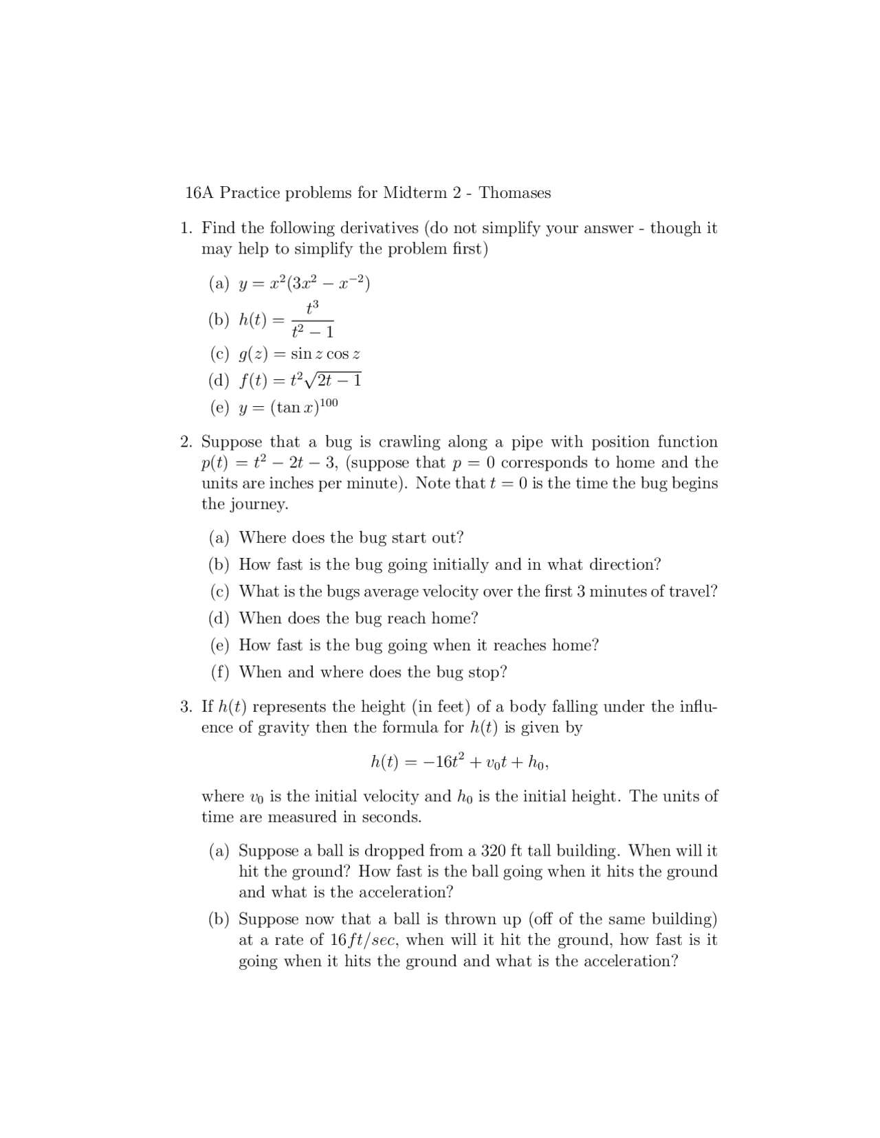 Exam 2 - 8 Practice Problems on Calculus | MAT 016A | Exams Mathematics | Docsity