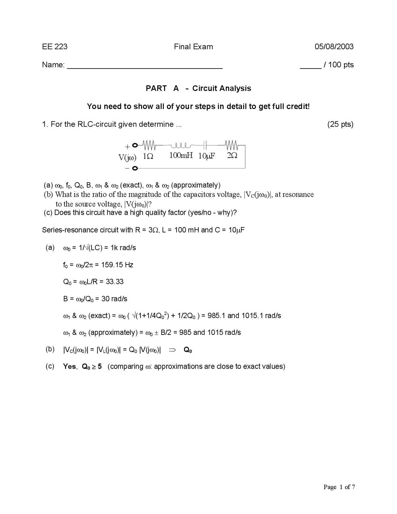 Electrical Circuits Final Exam Paper Ee 223 Docsity
