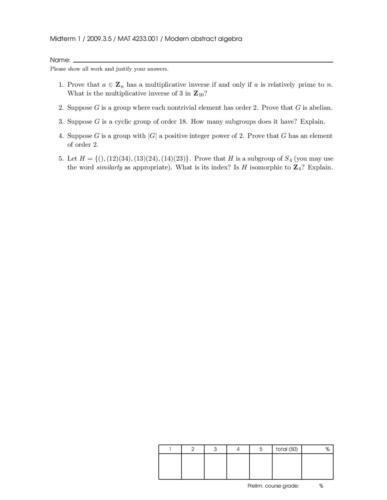 Practice Questions for Midterm 1 - Modern Abstract Algebra - Fall 2009 ...