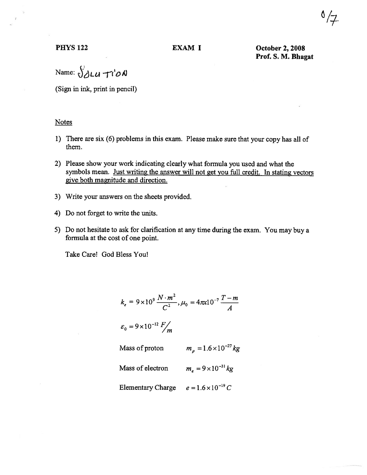 Exam 1 with Solution - Fundamentals of Physics II | PHYS 122 - Docsity