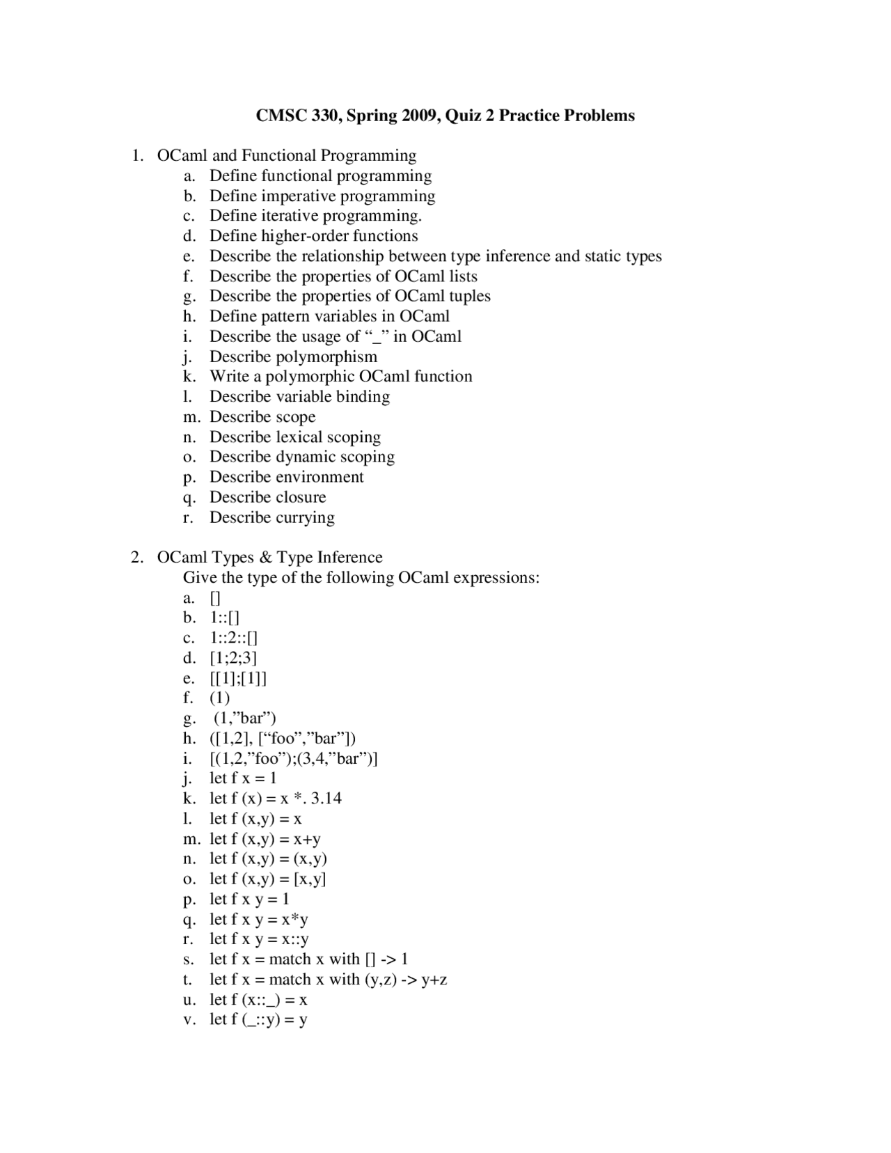 Comal And Functional Programming Types And Inference Quiz 2 Cmsc