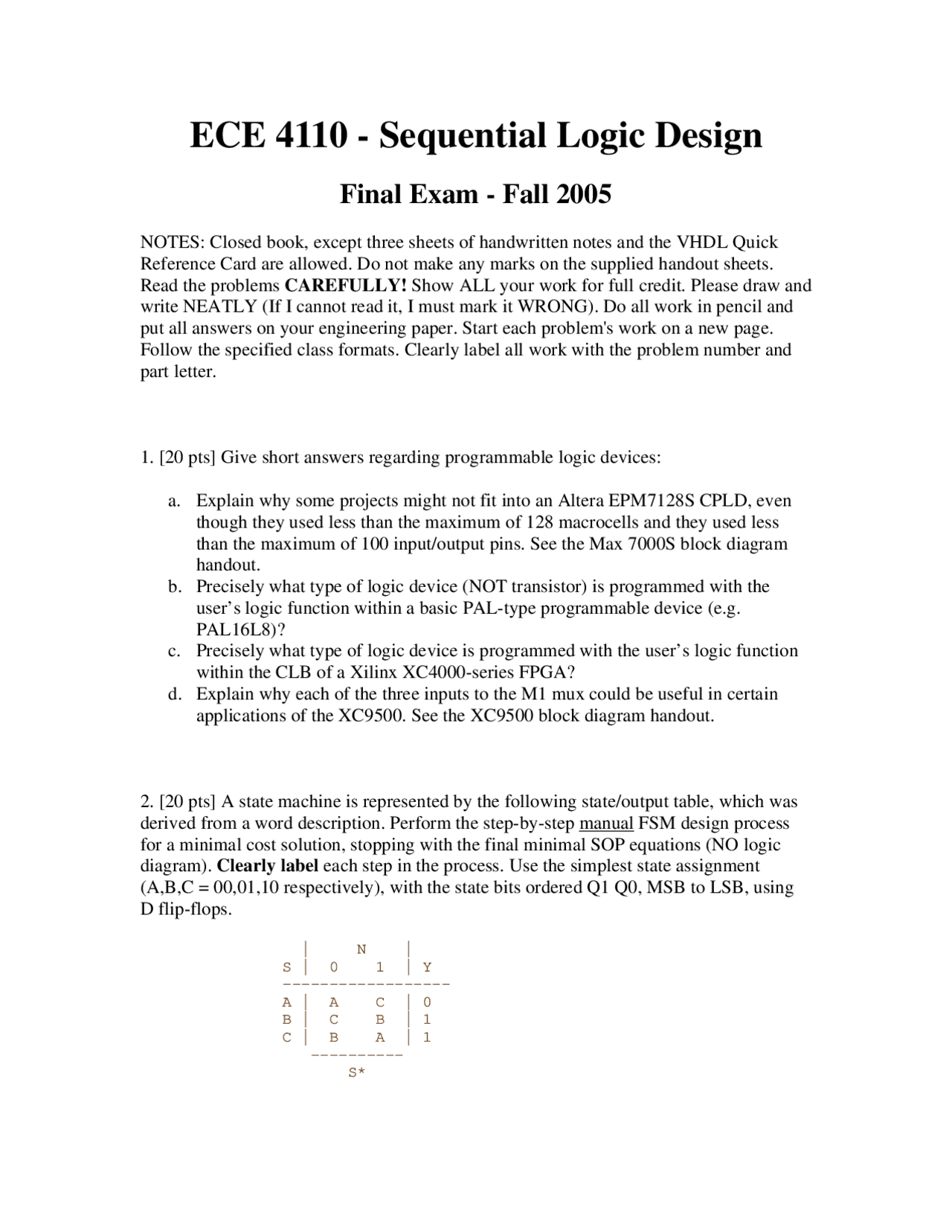 Final Exam Questions Sequential Logic Design Ece 4110 Exams