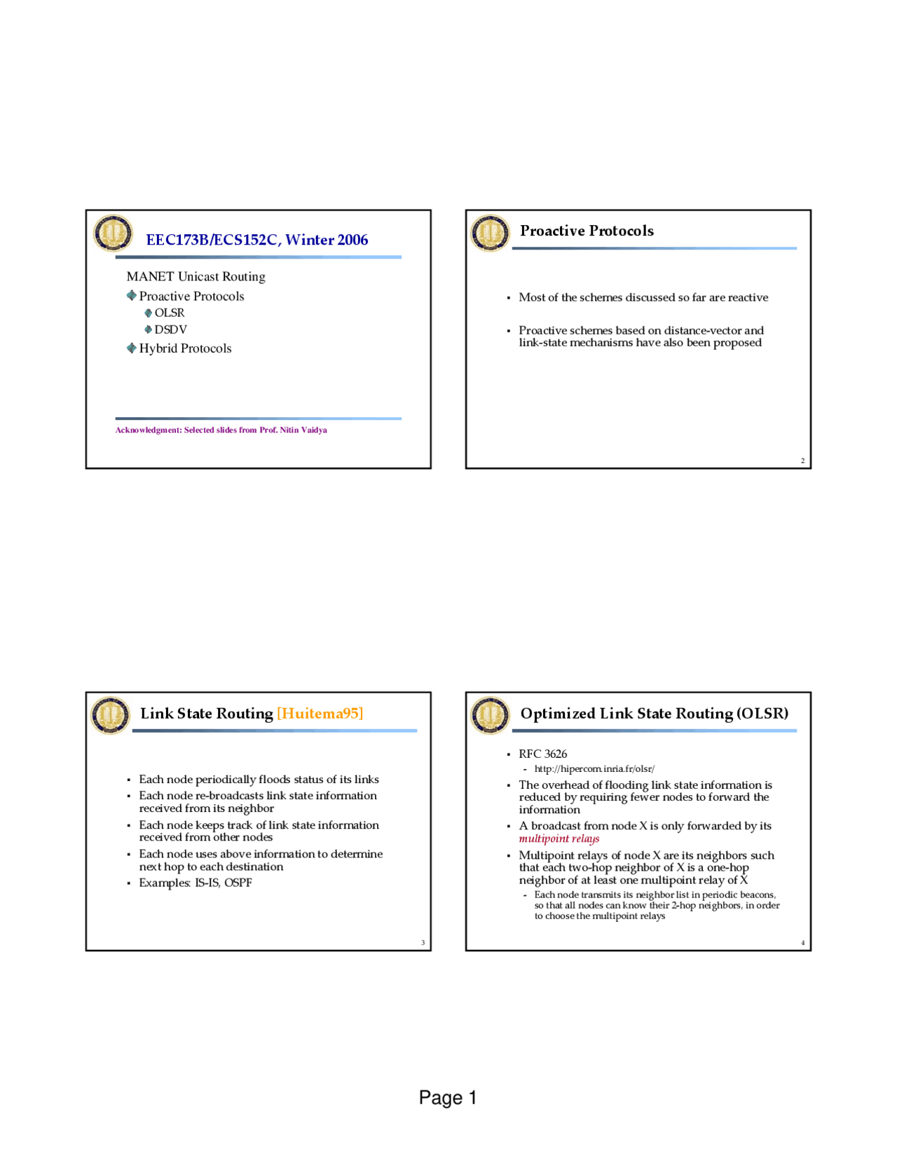 Manet Unicast Routing Olsr Dsdv Lecture Slides Eec 173b Docsity