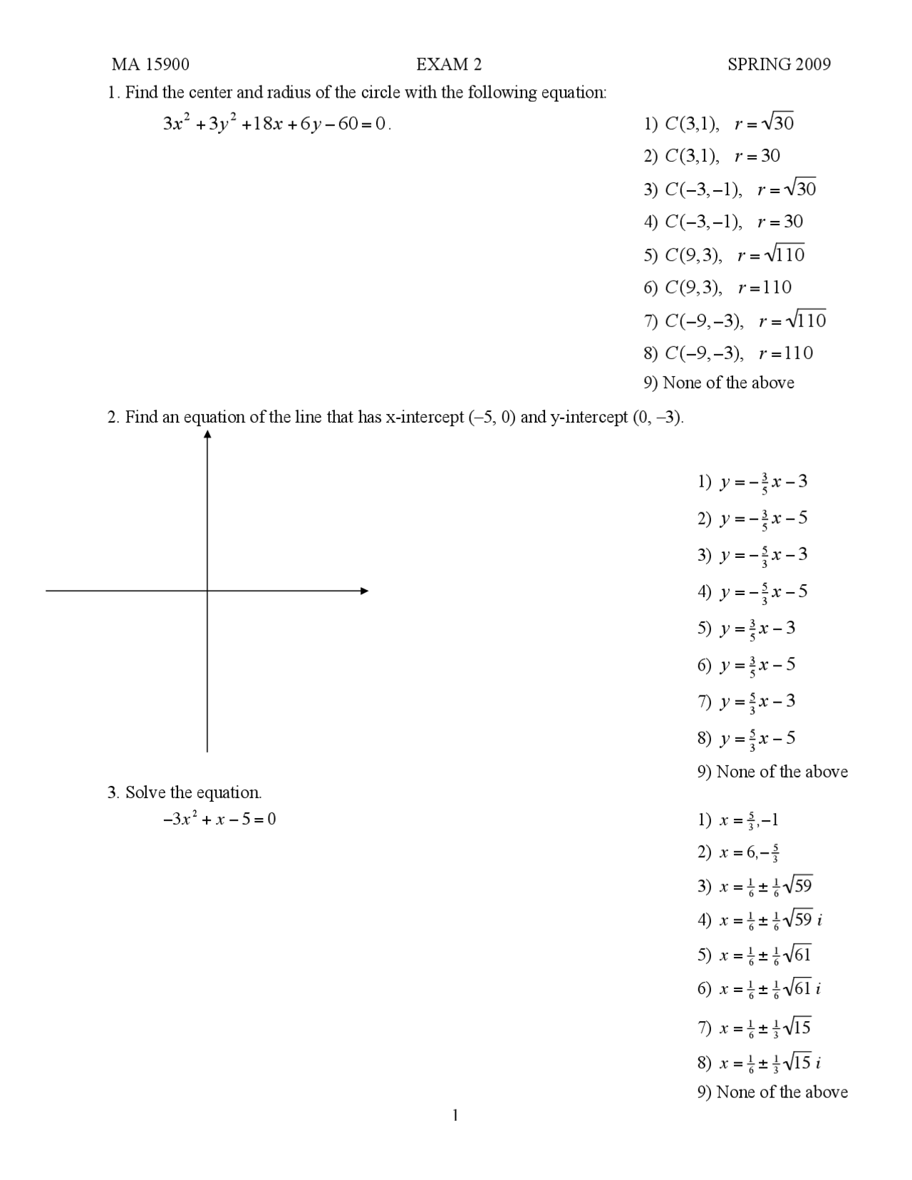 Spring 2009 MA Exam 2: Mathematics Problem Solving - Prof. Owen K ...