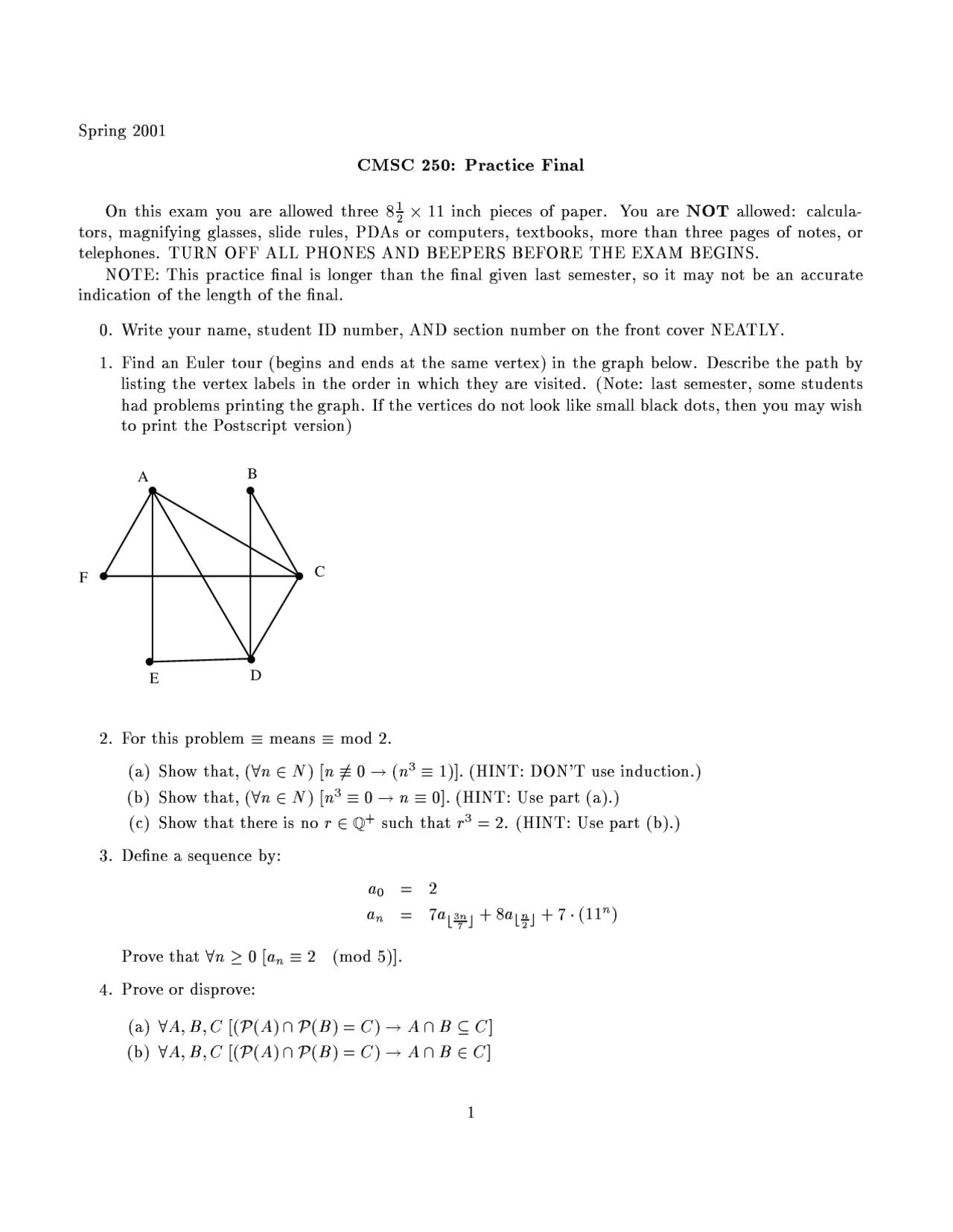 Practice Final Exam With 9 Questions Discrete Structures Cmsc 250 Docsity
