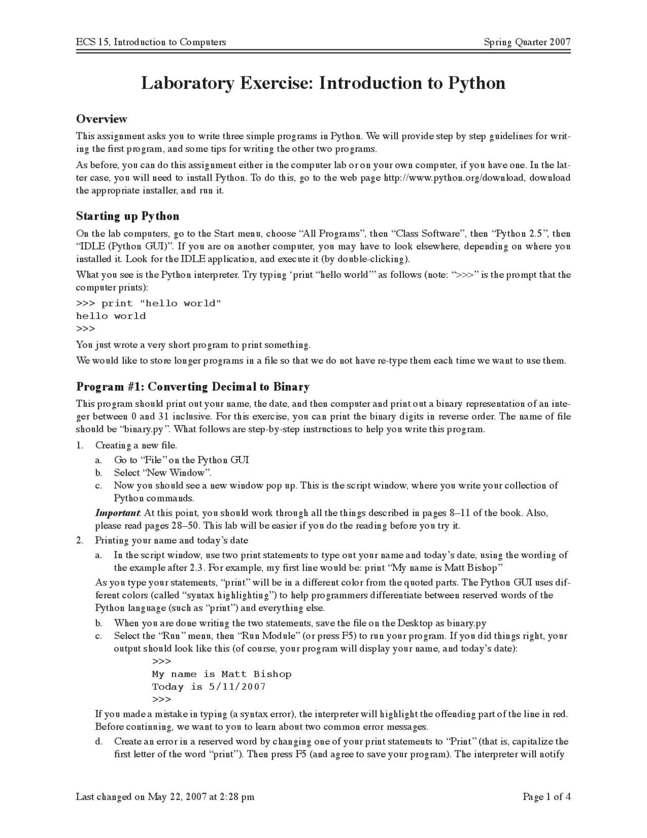Introduction To Python Introduction To Computer Ecs 015 Docsity