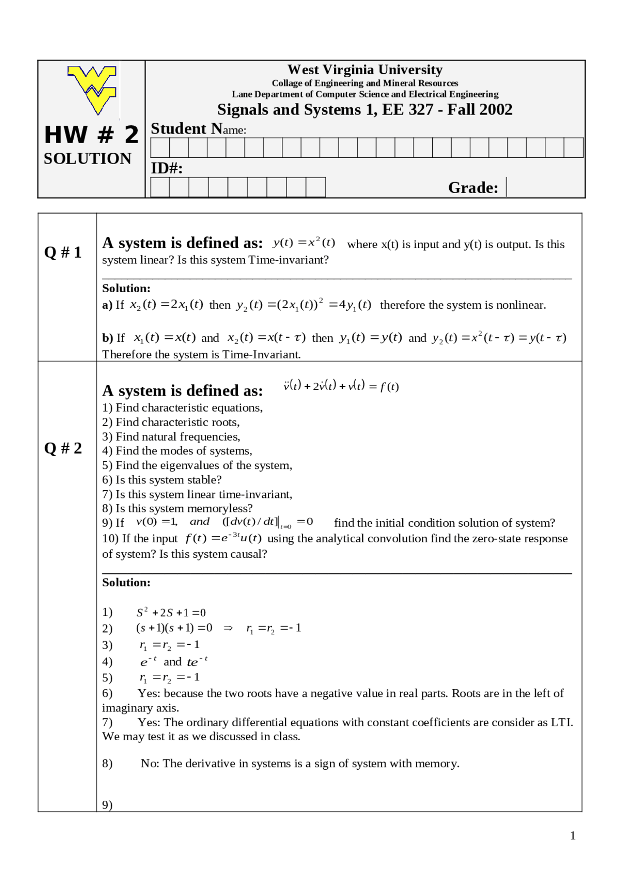 Homework With Solutions For Signals And Systems 1 Ee 327 Docsity
