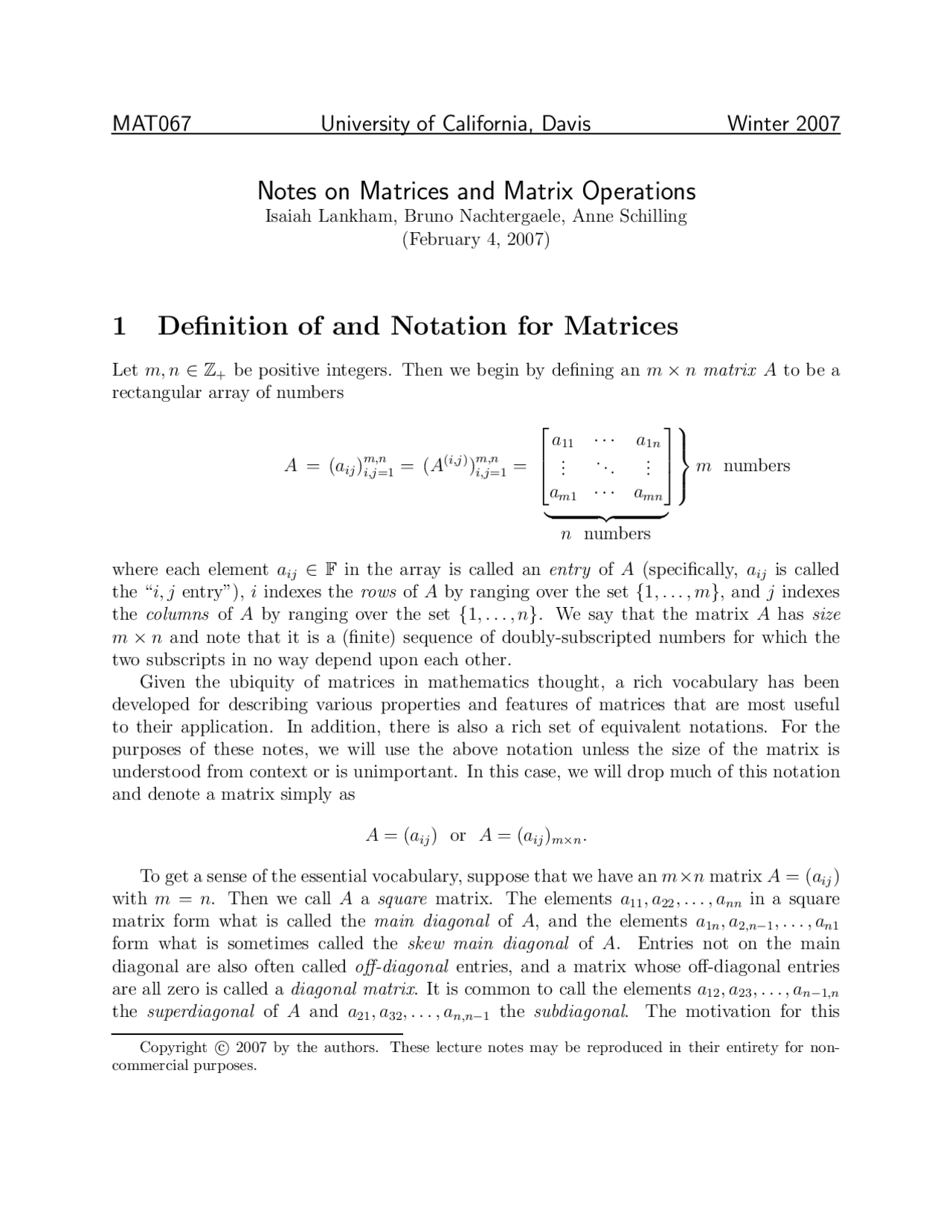 Matrices And Matrix Operations Lecture Notes Mat 067 Docsity