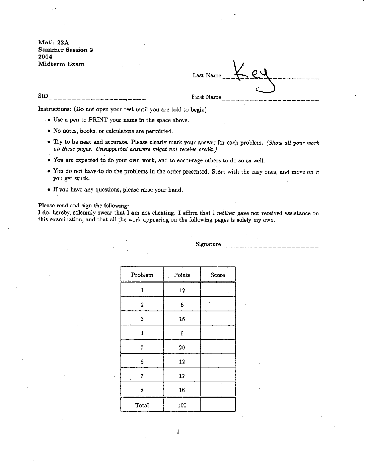 Midterm Exam For Linear Algebra Mat 022a Exams Linear Algebra Docsity