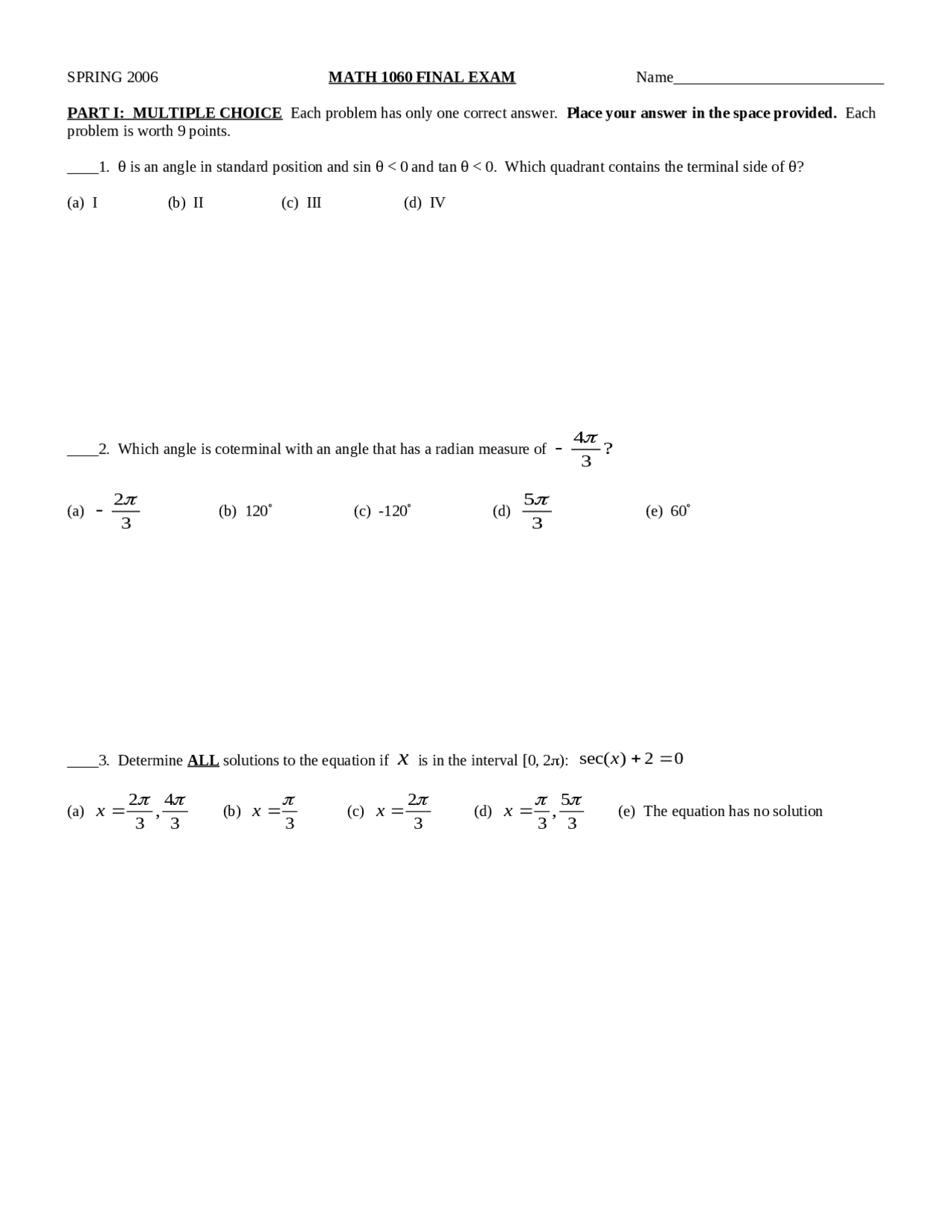 Final Exam With Answer Key Trigonometry Math 1060 Docsity