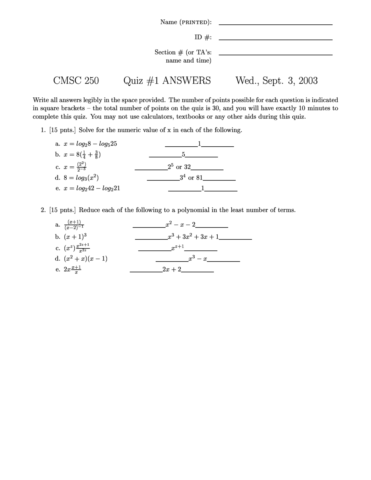 Quiz 1 Answers For Discrete Structures Cmsc 250 Docsity
