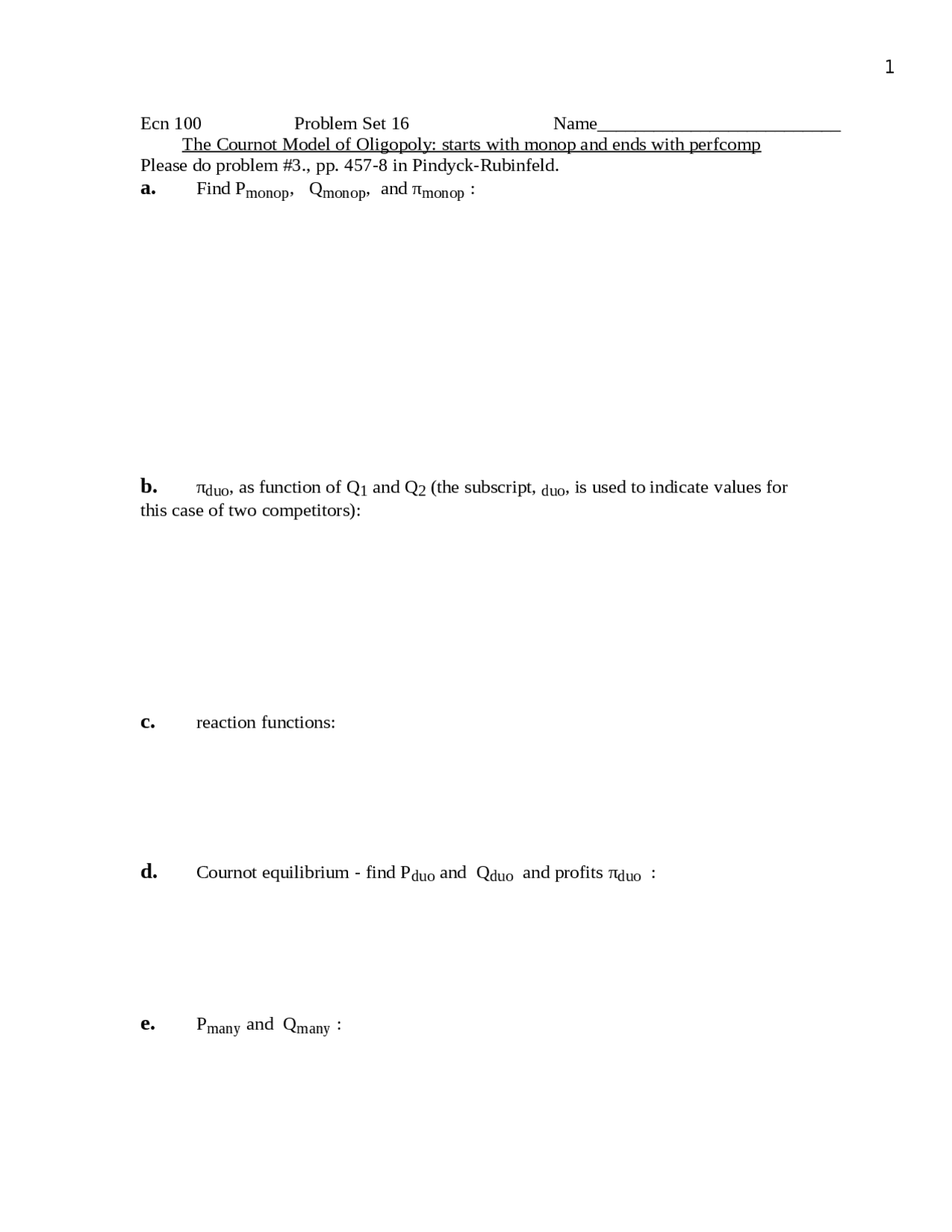 Problem Set 16 Intermediate Microeconomics Theory Ecn 100 Docsity