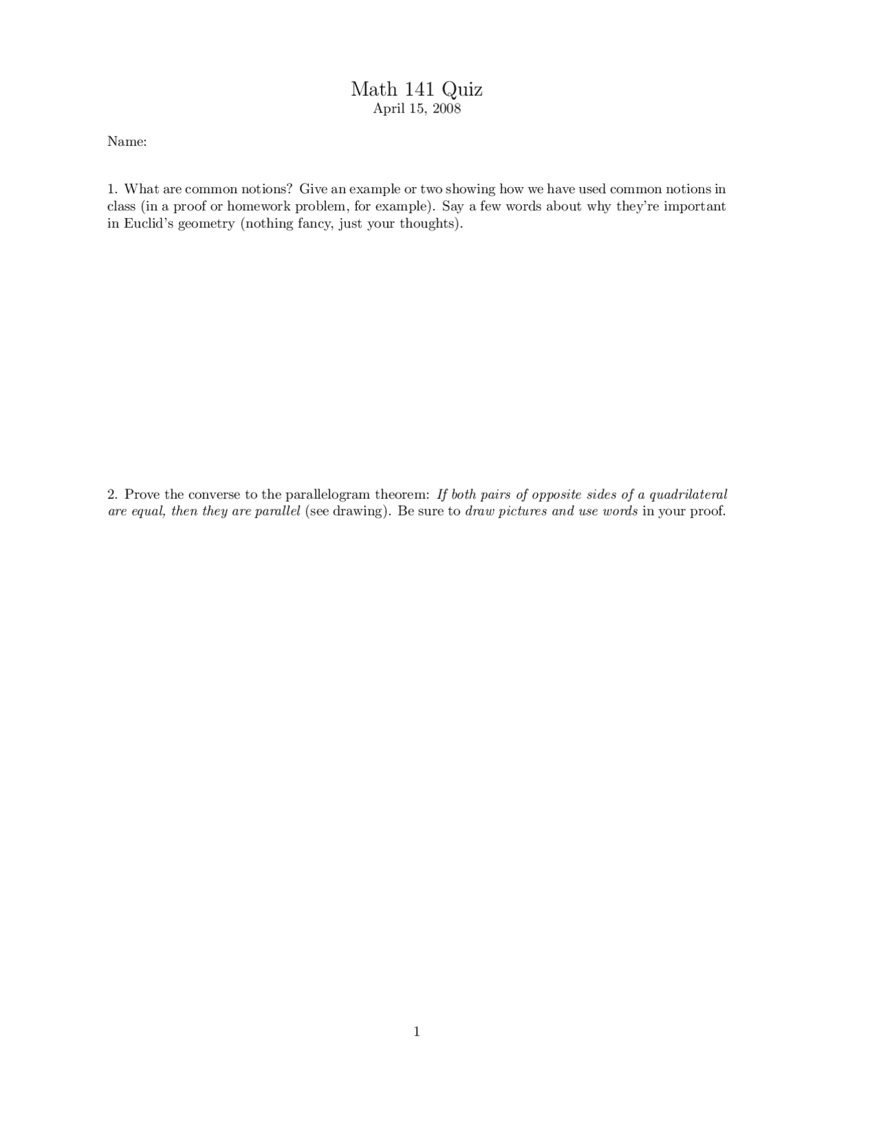Quiz With 3 Questions For Euclidean Geometry Mat 141 Docsity