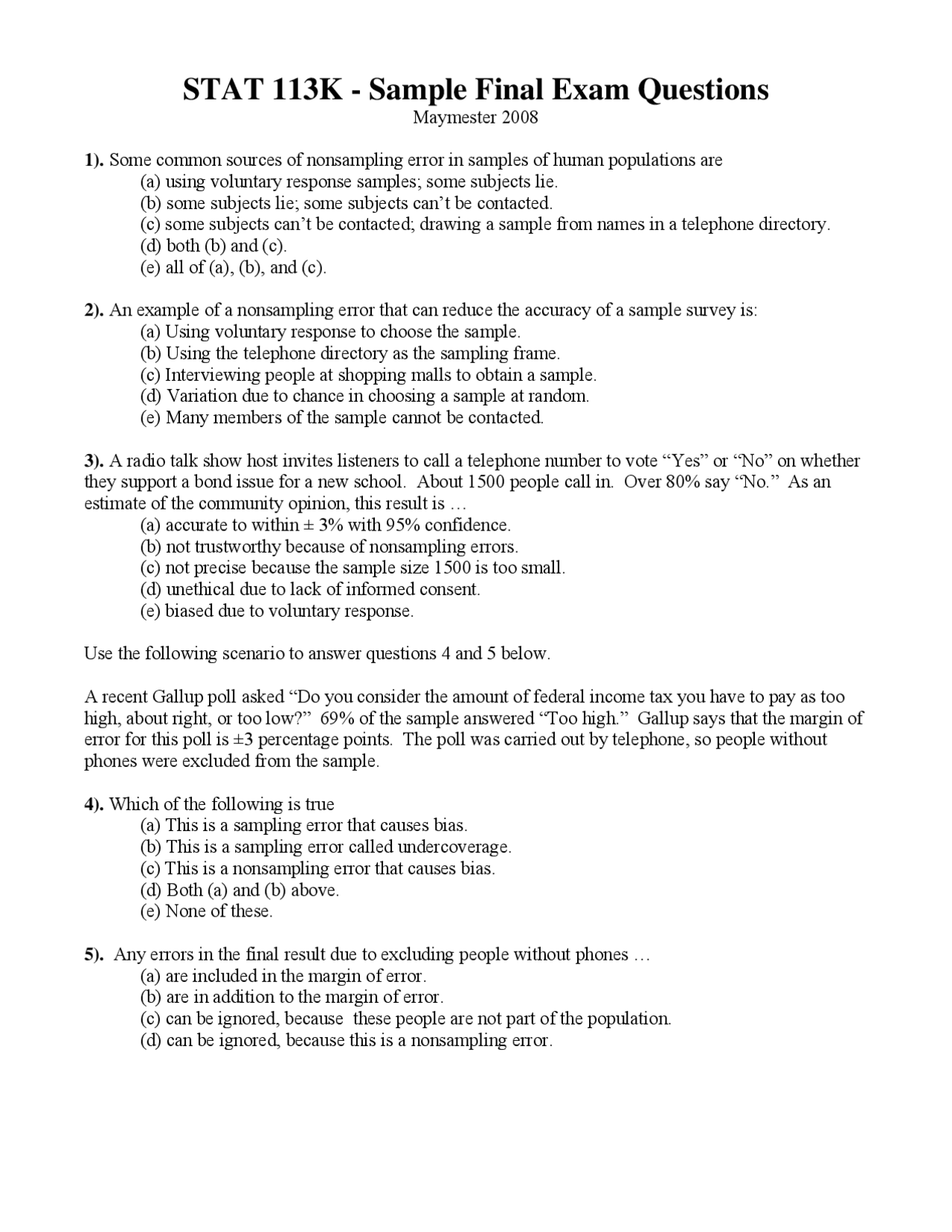 Sample Final Exam Questions Statistics And Society Stat 11300 Docsity
