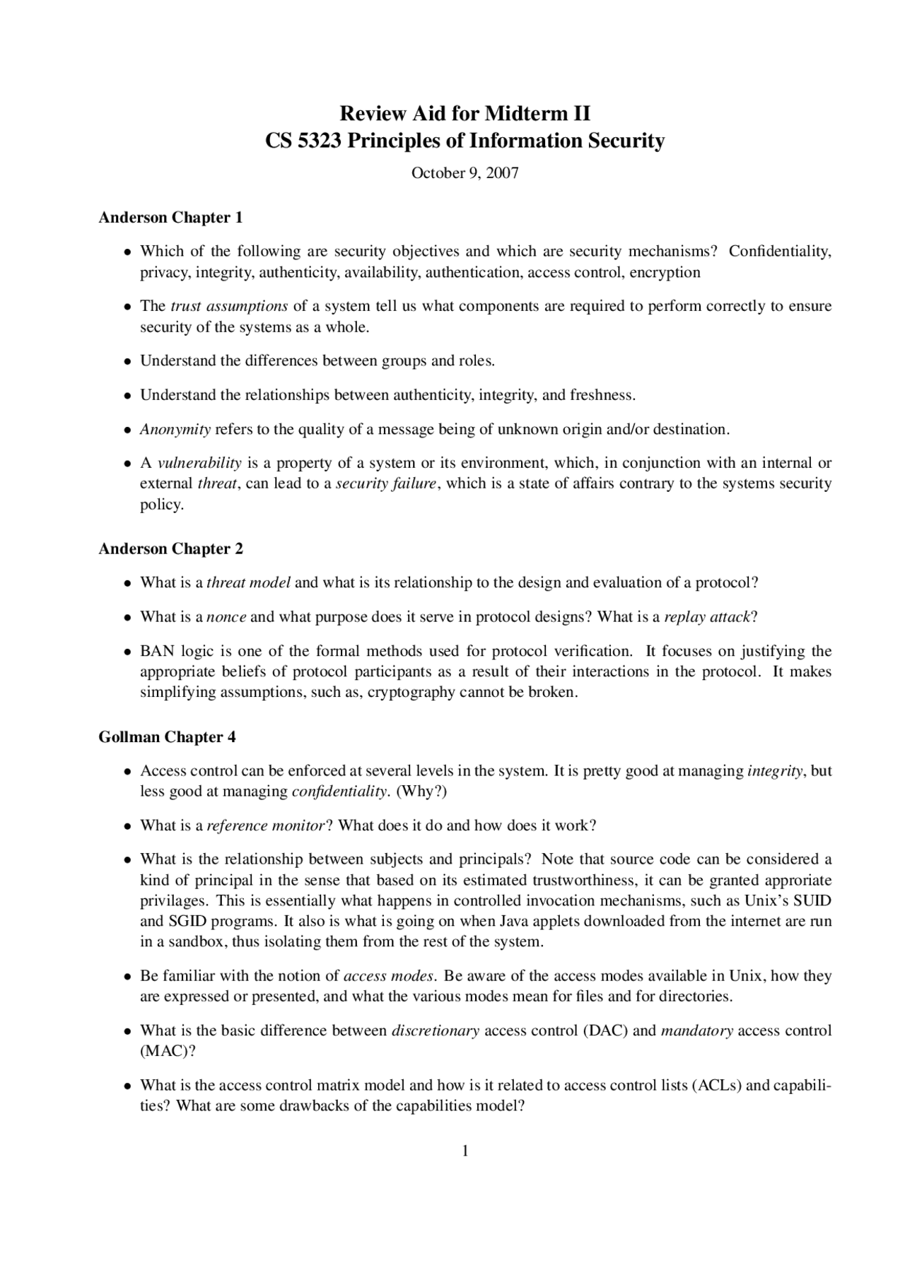 Review Aids For Midterm Exam Ii Principles Of Information Security Cs 5323 Docsity