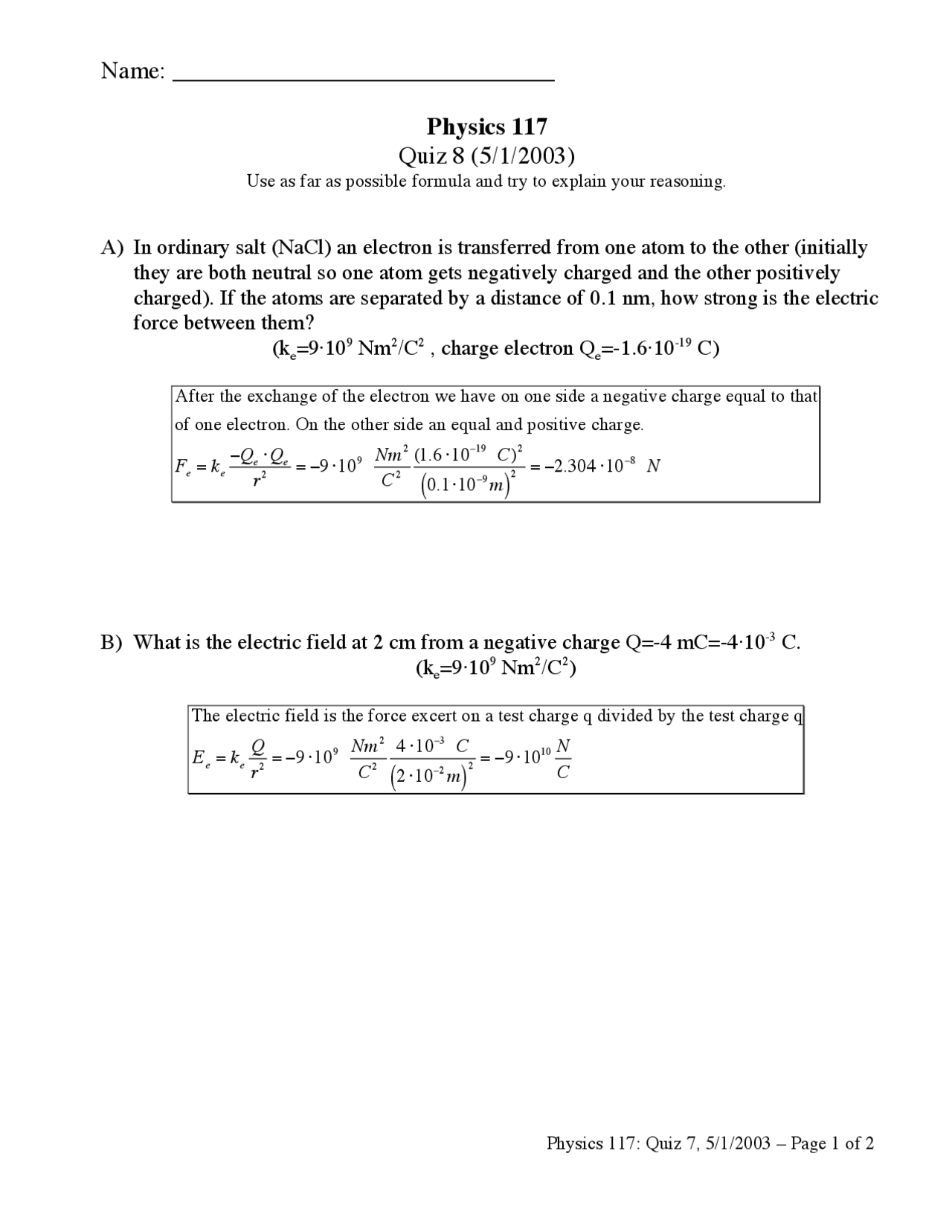 Quiz 8 with Solution - Introduction to Physics | PHYS 117 - Docsity