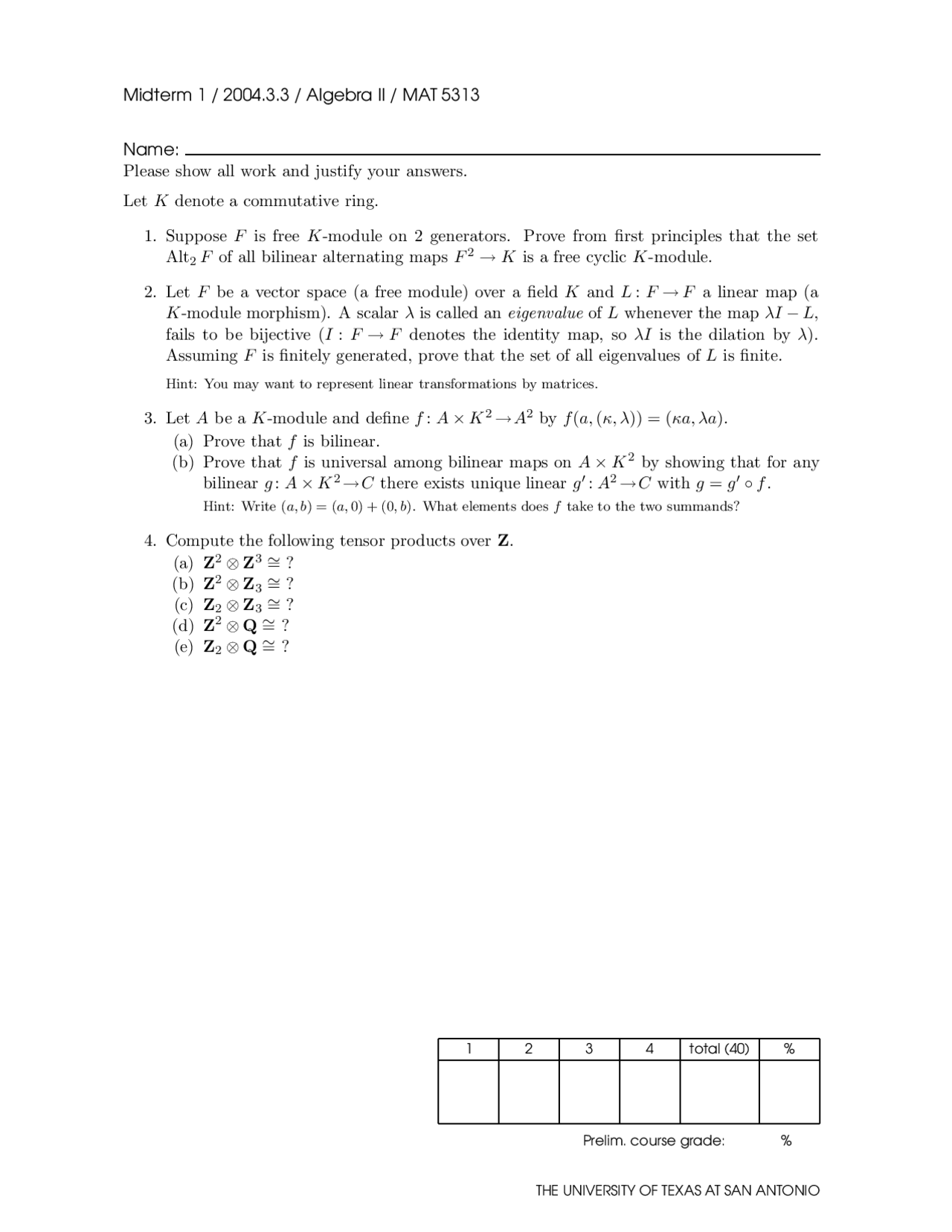 4 Questions on Algebra II - Midterm Exam | MAT 5313 - Docsity