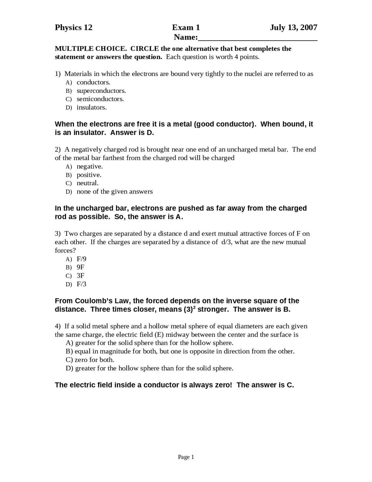 Exam 1 Problems Solution with Explanation - Physics Lab | PHY 012 - Docsity