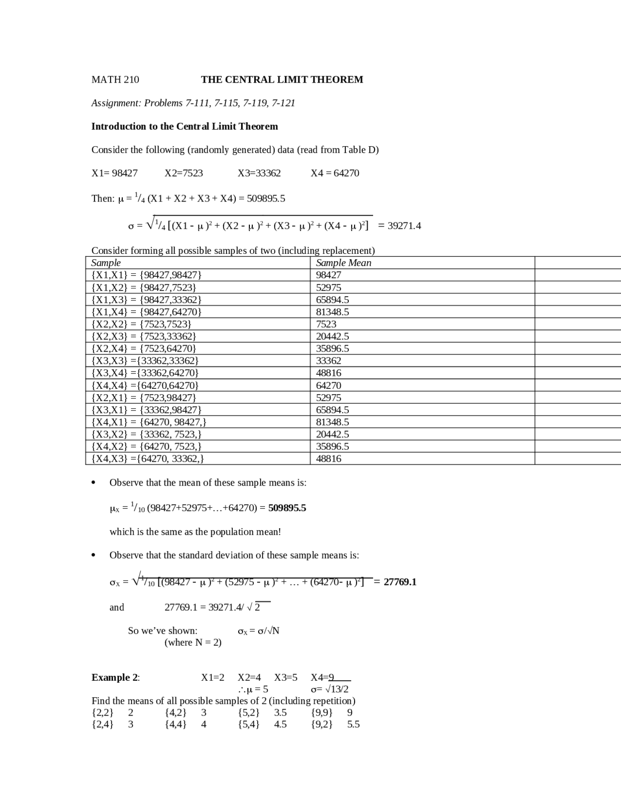 An Introduction To Central Limit Theorem Homework Math 210 Docsity