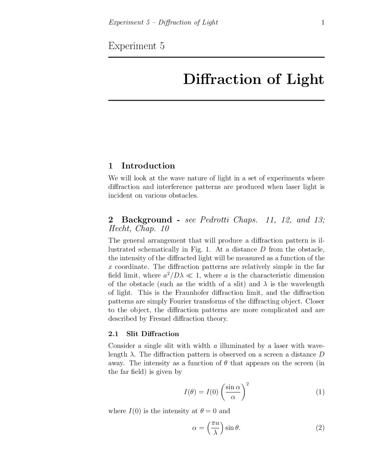 Experiment 5 Diffraction Of Light Phys 375 Docsity