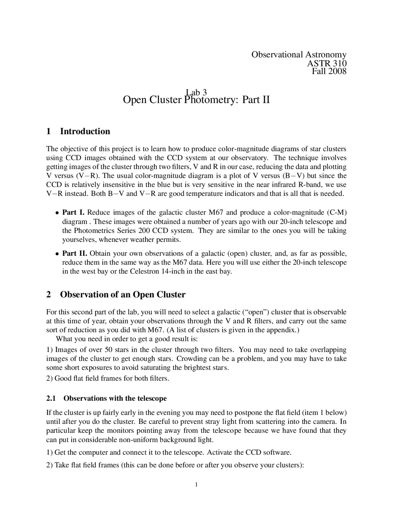 Lab 3: Open Cluster Photometry - Observational Astronomy | ASTR 310 - Docsity
