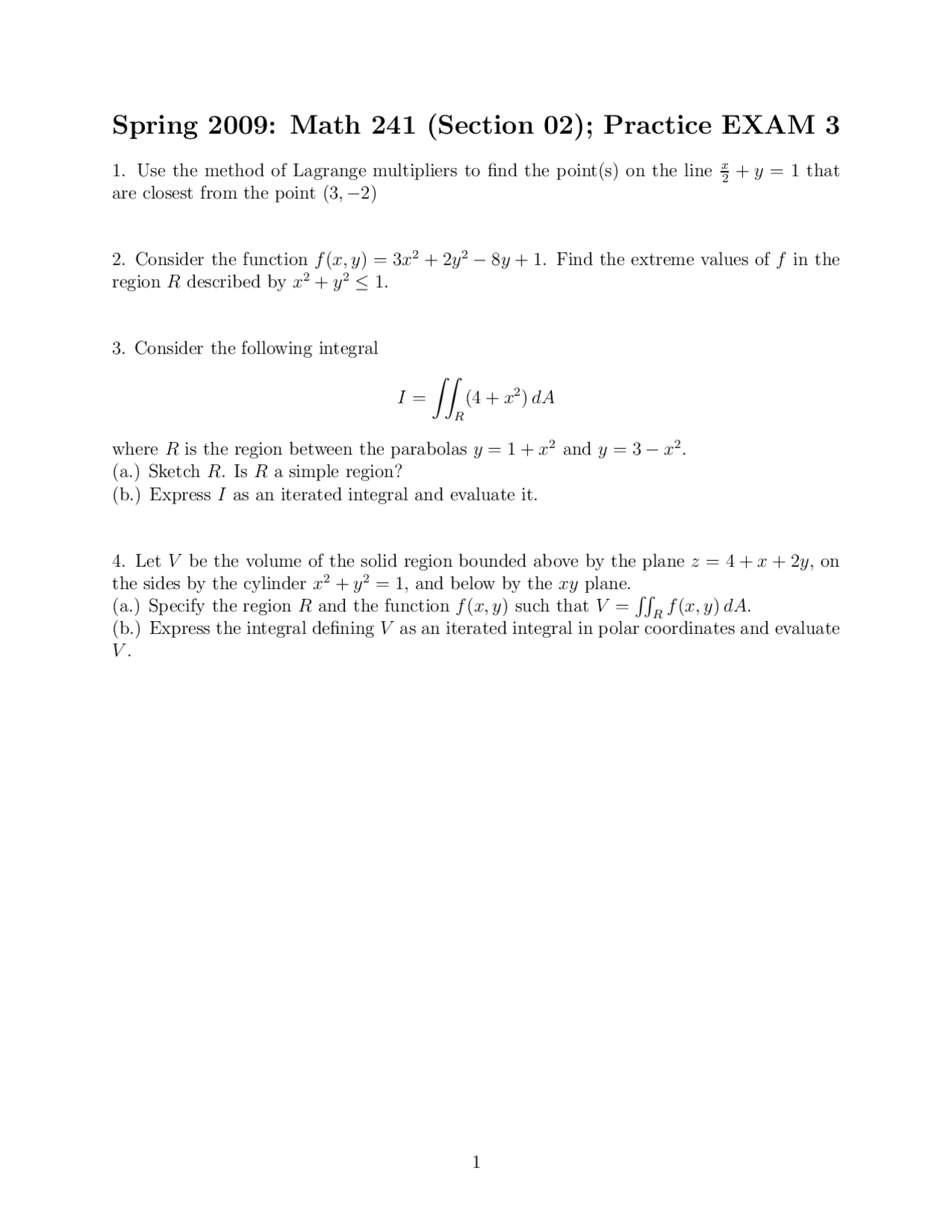 Practice Exam 3 On Calculus Iii 4 Questions Math 241 Docsity