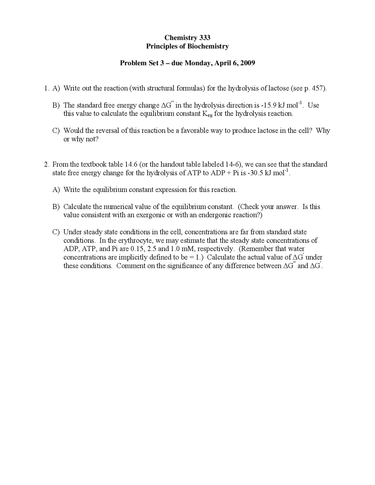 Problem Set 3 For Principles Of Biochemistry Chm 33300 Docsity