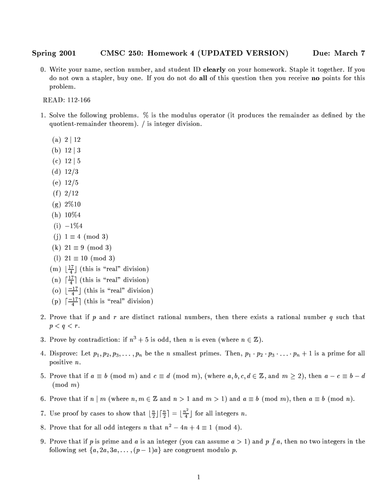 Homework 4 Discrete Structures Spring 2001 Cmsc 250 Docsity