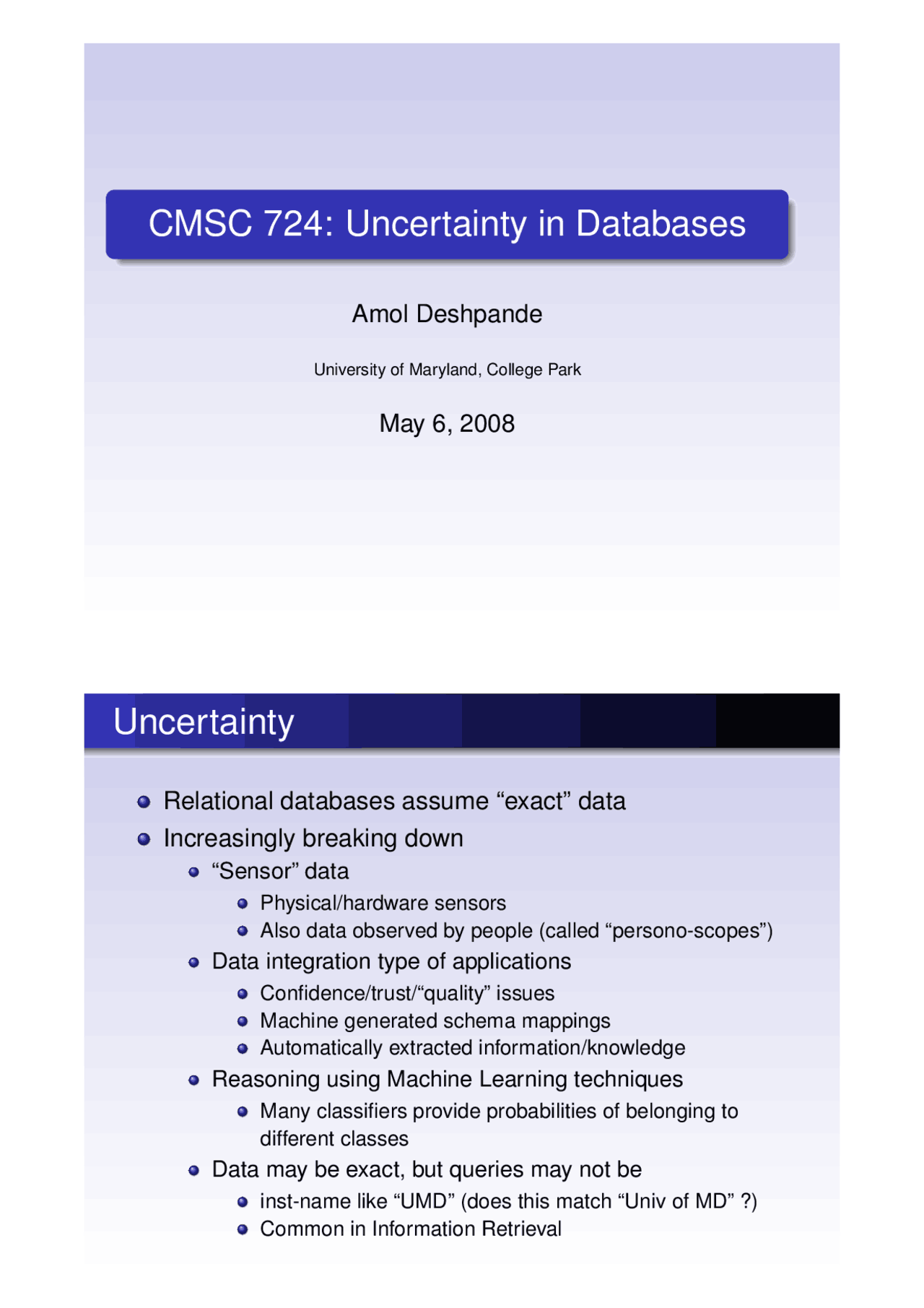 Uncertainty in Databases - Lecture Slides | CMSC 724 - Docsity