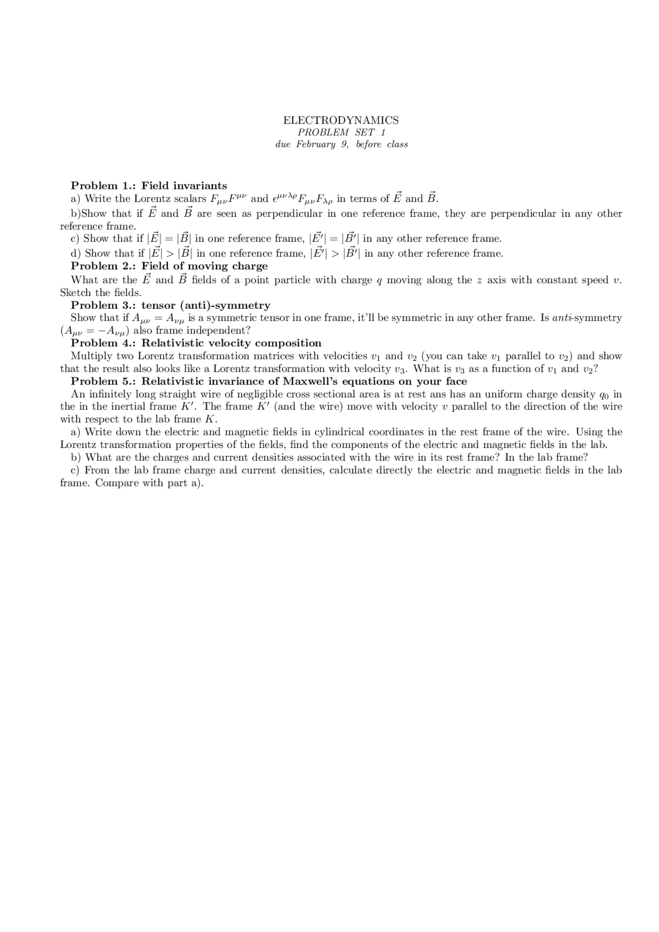 5 Problems On The Electrodynamics Assignment 1 Phys 606 Docsity