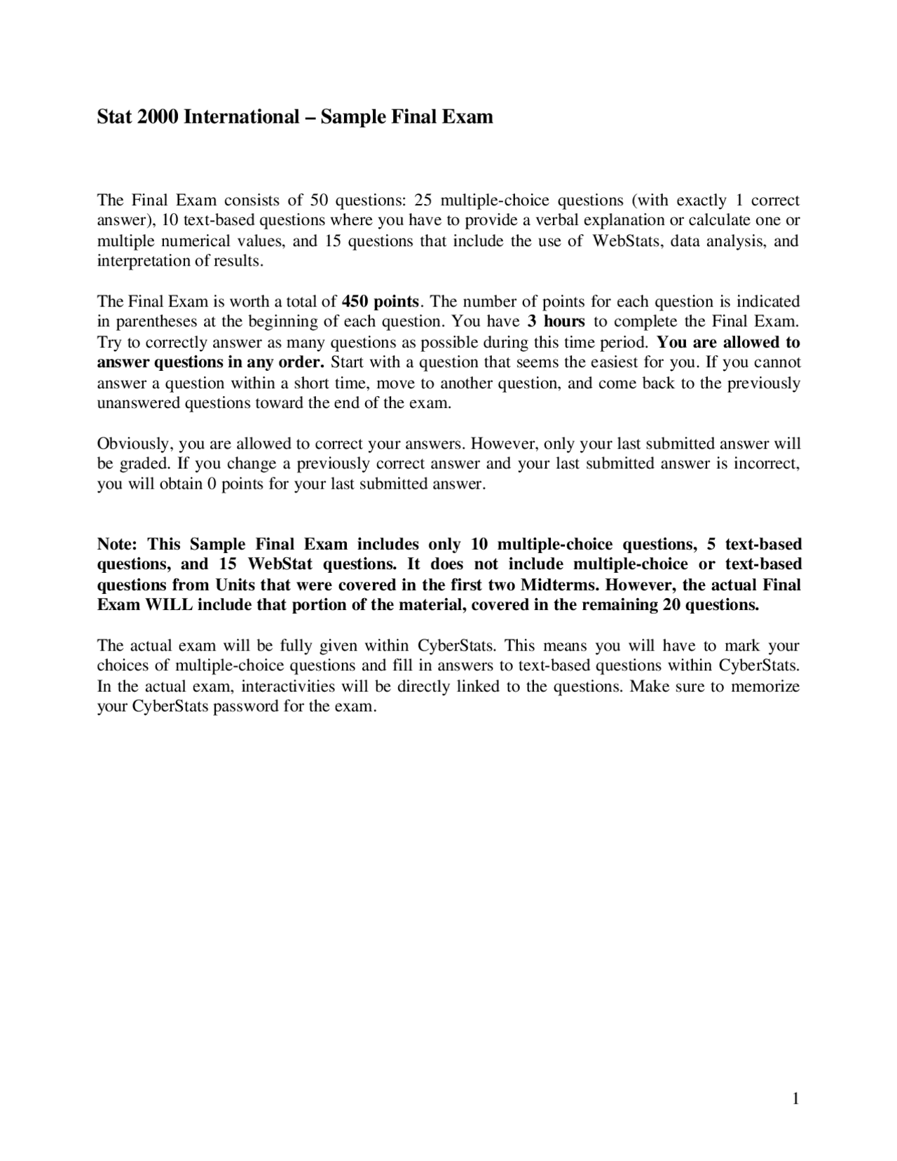 Sample Final Exam Statistical Methods Stat 2000 Docsity