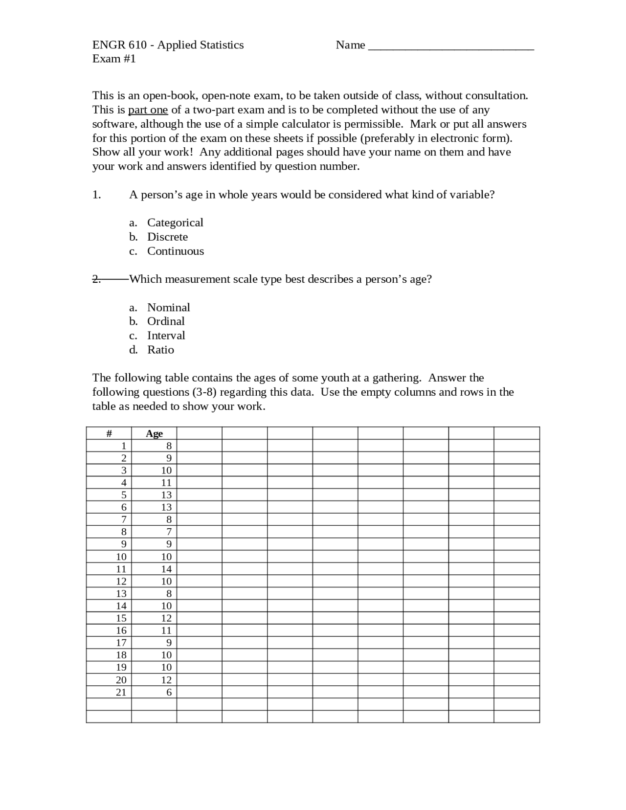 Exam 1 Review Applied Statistics Engr 610 Docsity