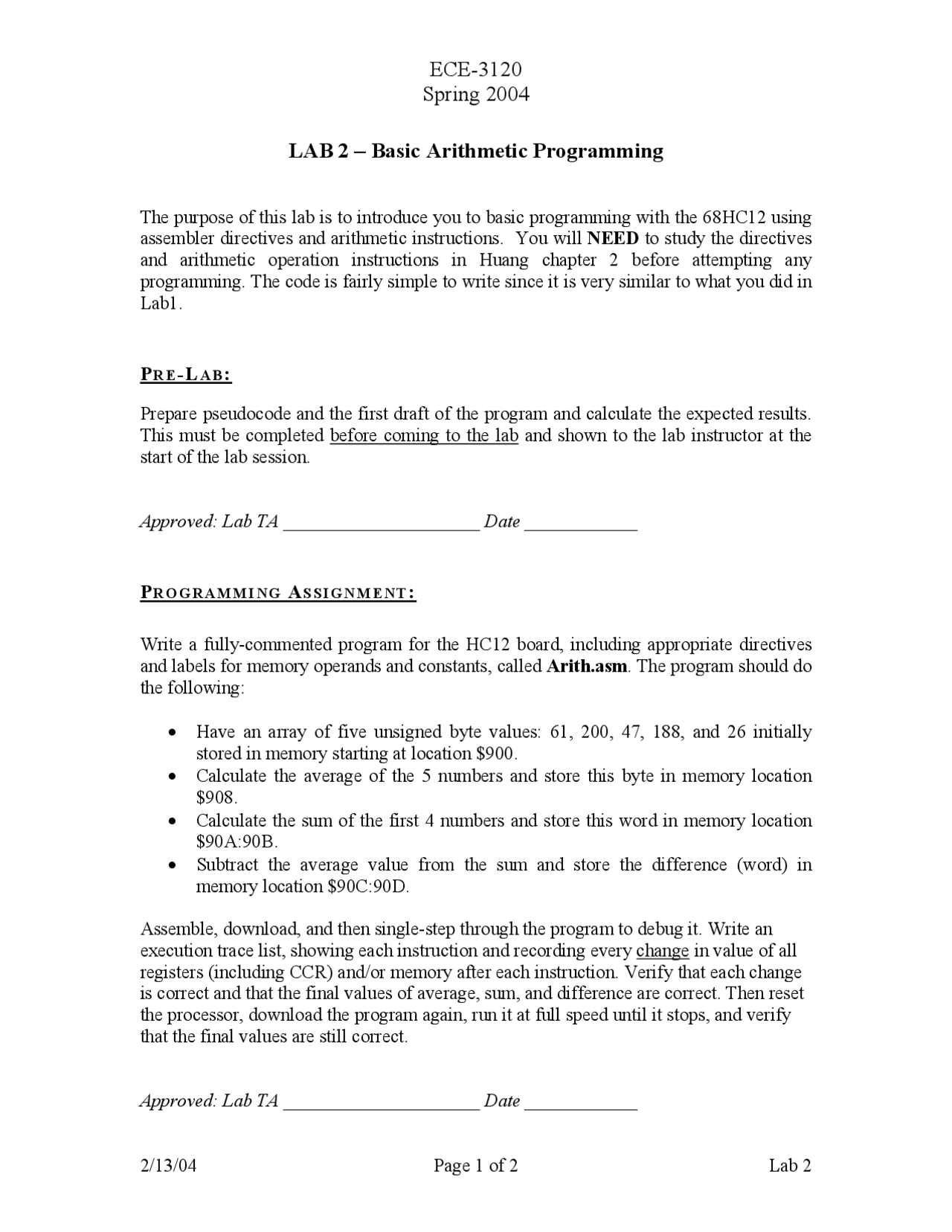 Lab 2 Basic Arithmetic Programming Spring 2004 Ece 3120 Docsity