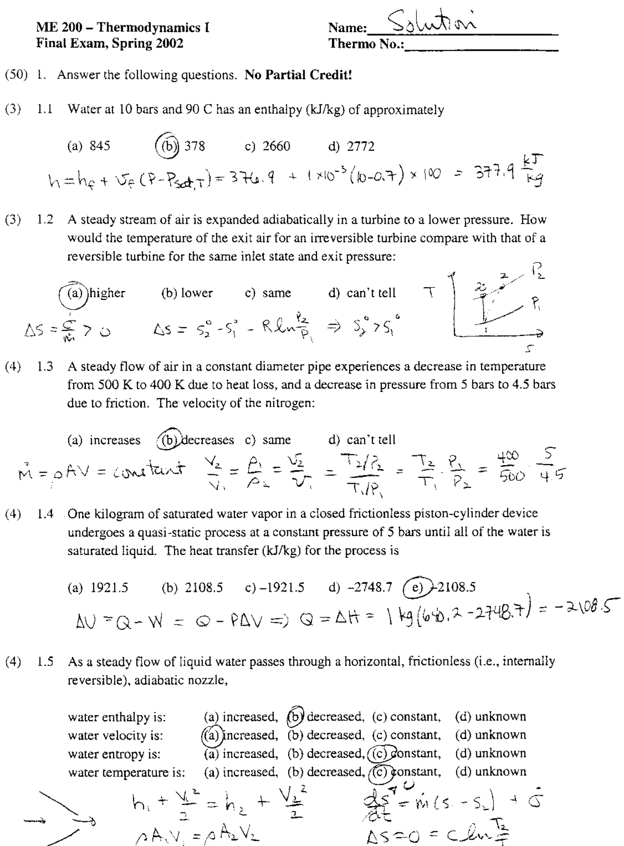 Final Exam With Solution For Thermodynamics I Me 20000 Docsity