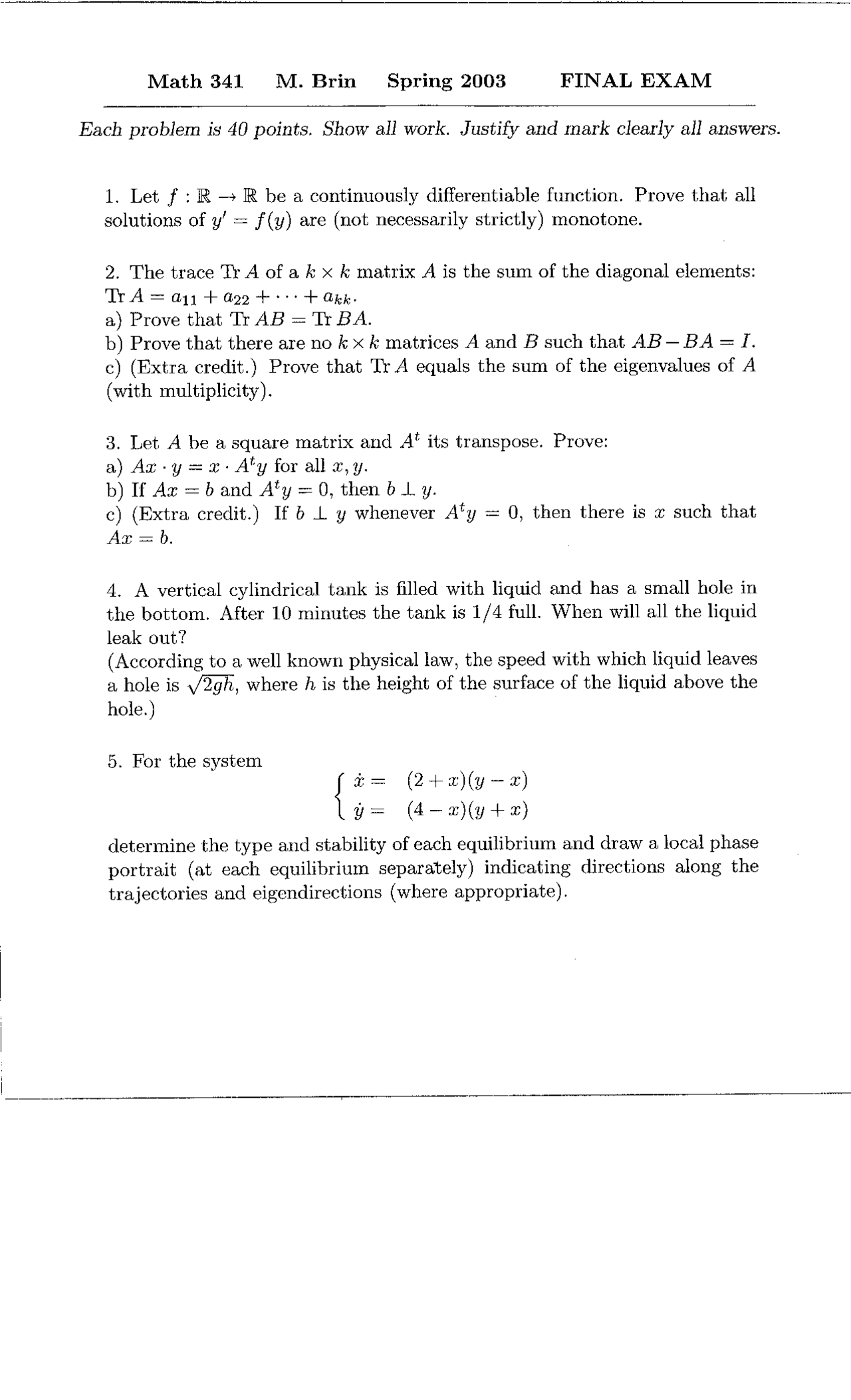 5 Questions Final Exam Multivariable Calculus Linear Algebra Math