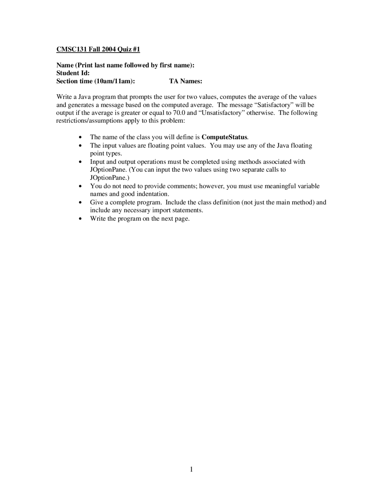 Write Java Program and Compute the Average of Values - Quiz 1 | CMSC 131 - Docsity