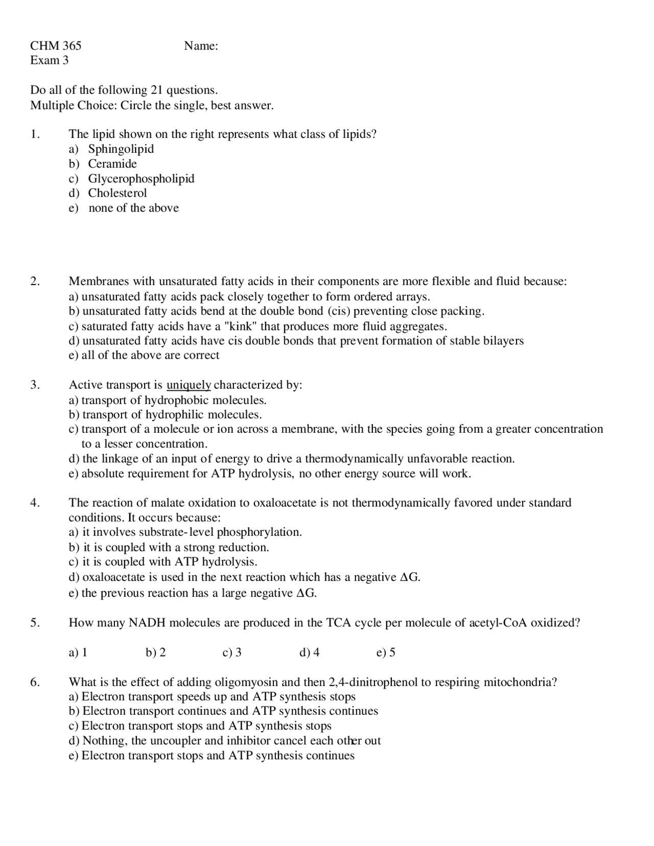 Answer To Exam 3 Questions Introductory Biochemistry Chm 365 Docsity
