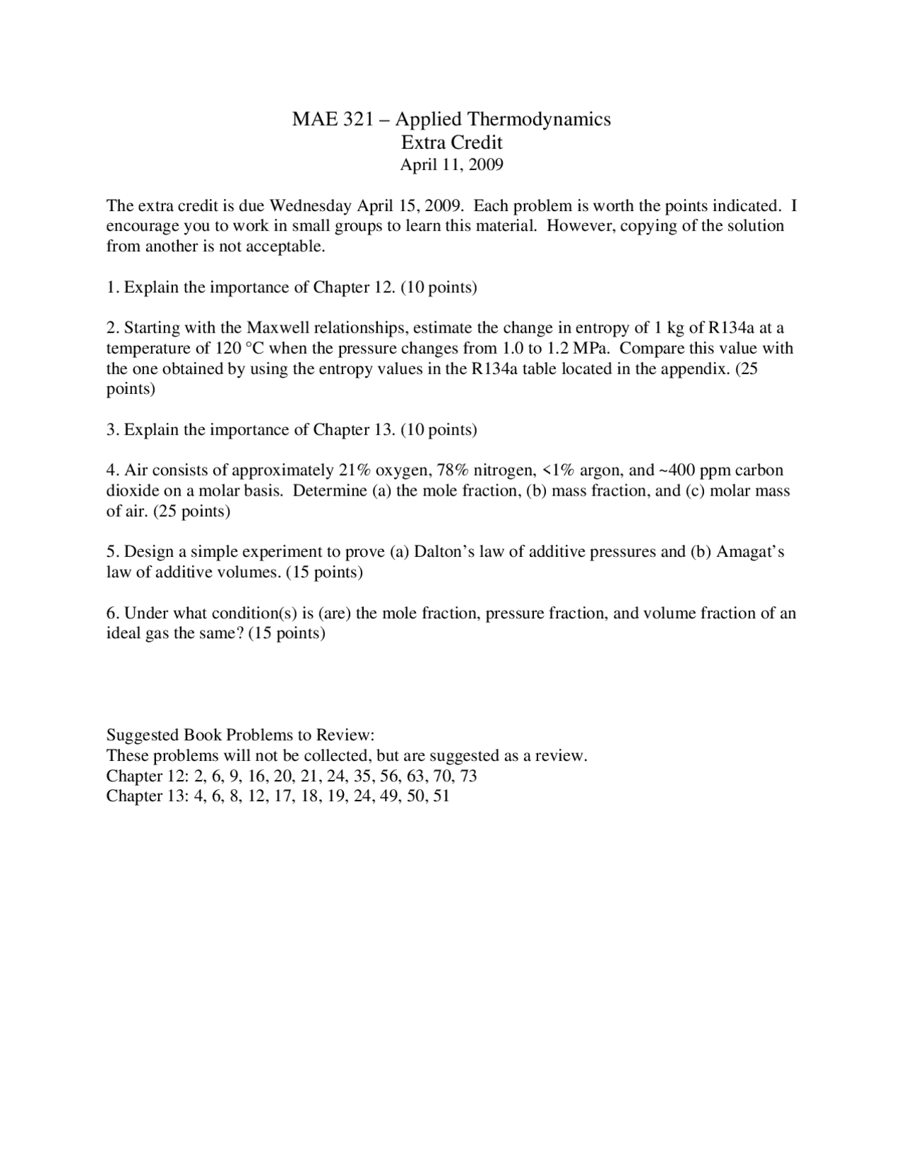 Practice Homework Applied Thermodynamics Mae 321 Docsity