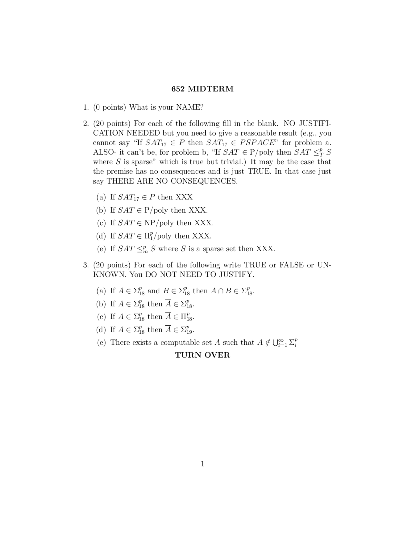 Midterm Questions Complexity Theory Cmsc 652 Docsity