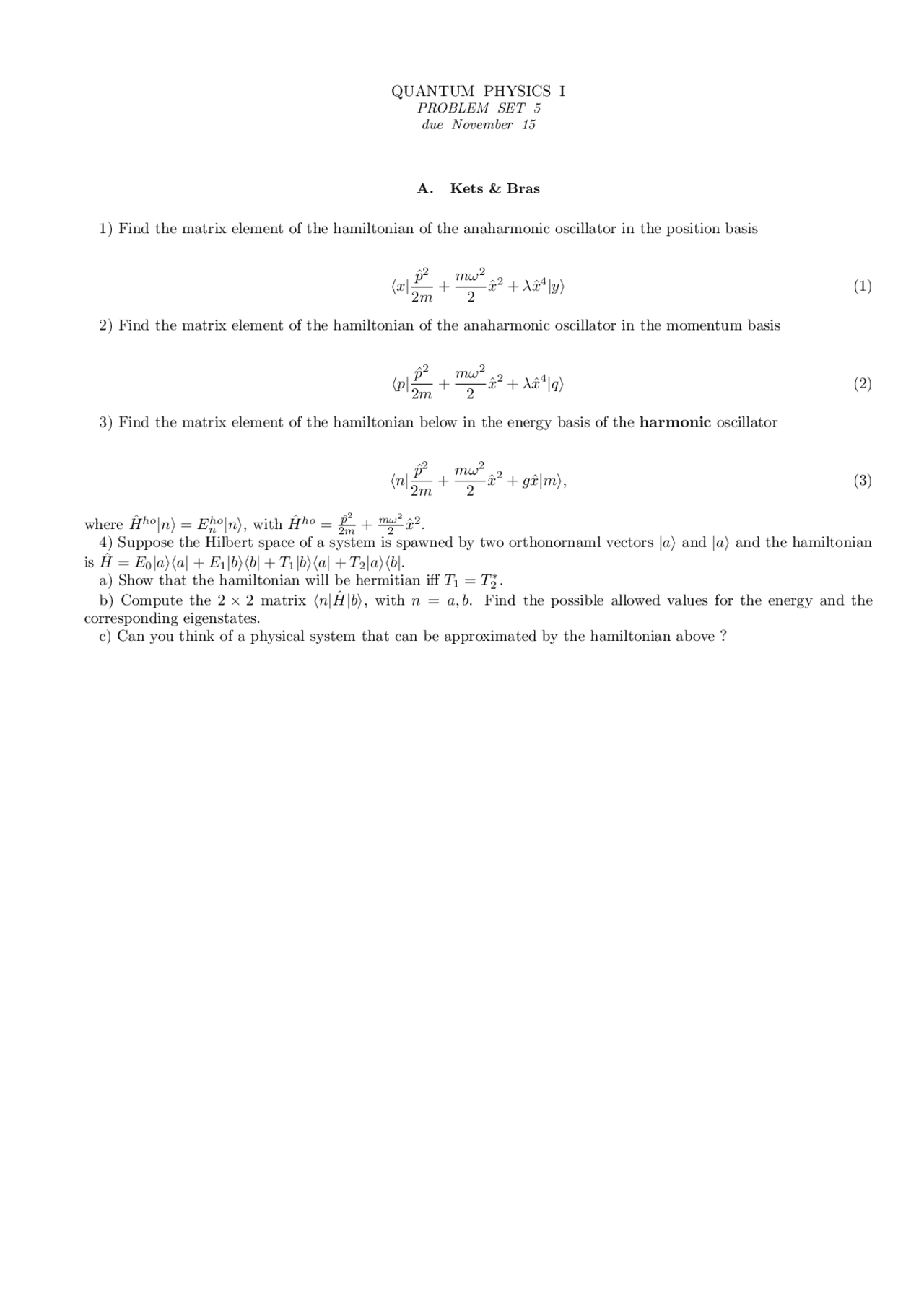 Problem Set 5 Kets And Bras Quantum Physics I Phys 401 Docsity