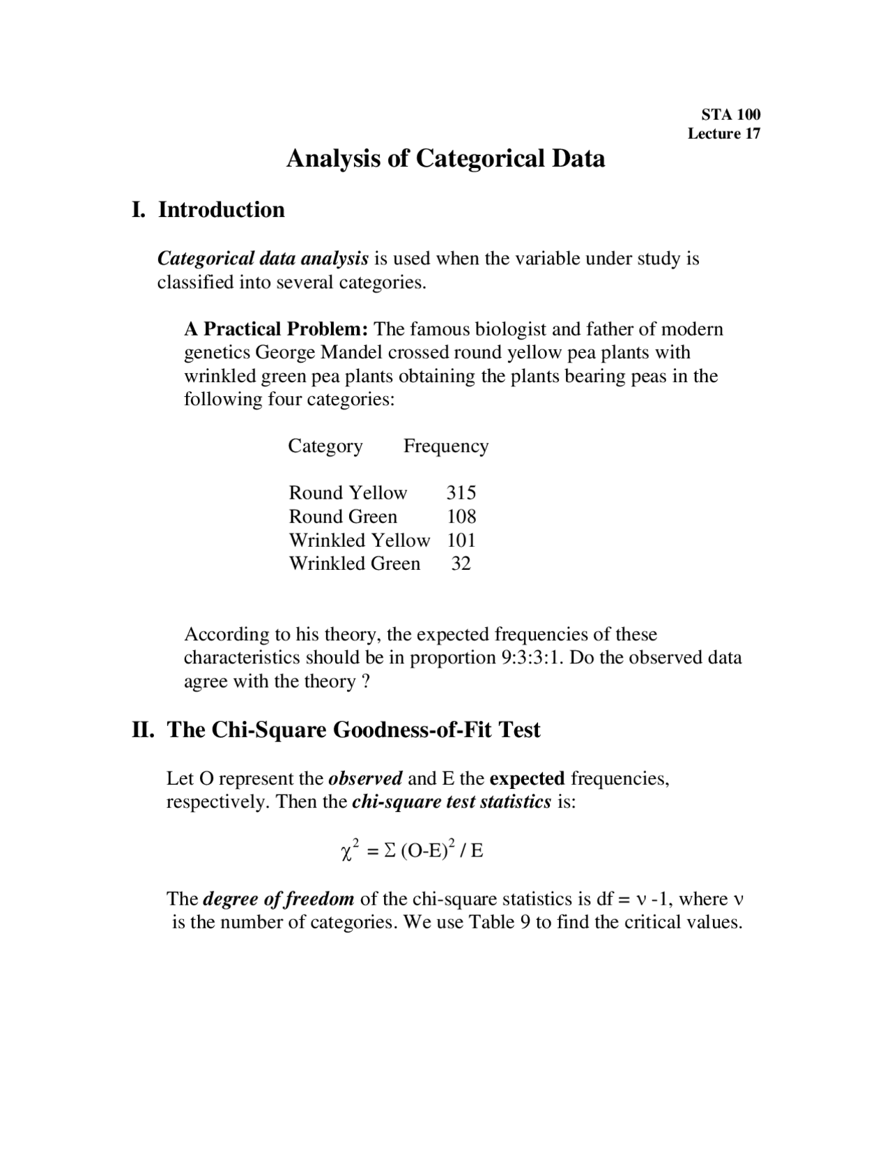 Introduction To Analysis Of Categorical Data Sta 100 Docsity
