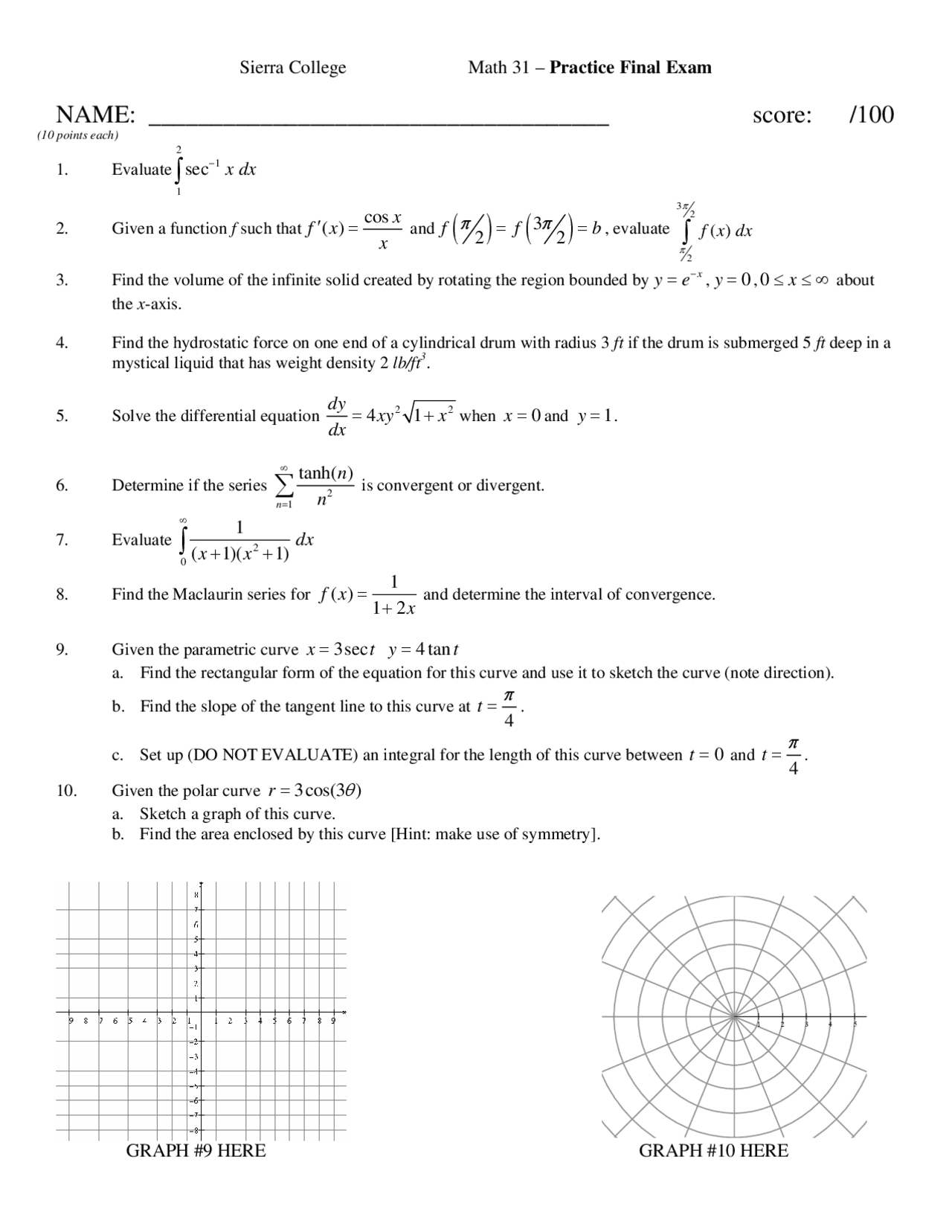 10 Questions For Practice Final Exam Analytical Geometry Calculus