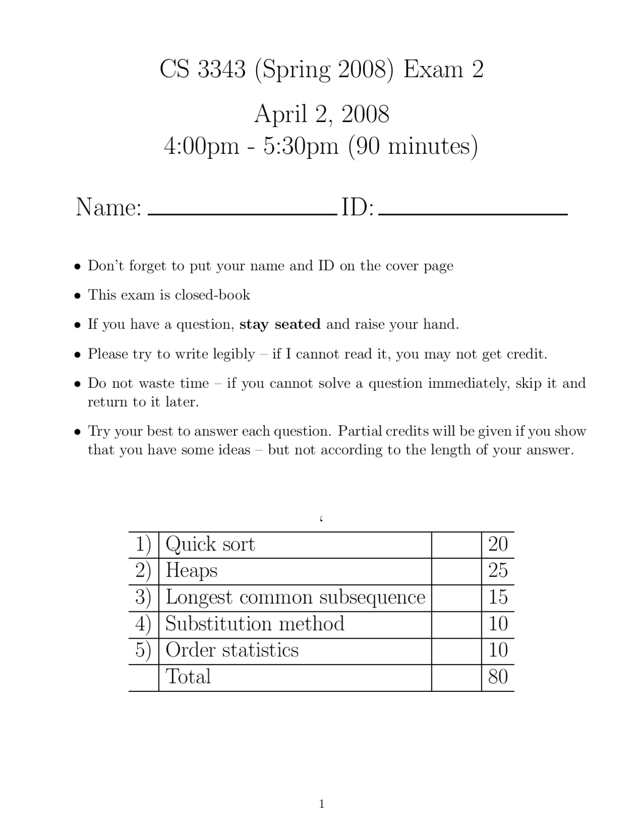 Exam 2 Questions Analysis Of Algorithms Cs 3343 Docsity
