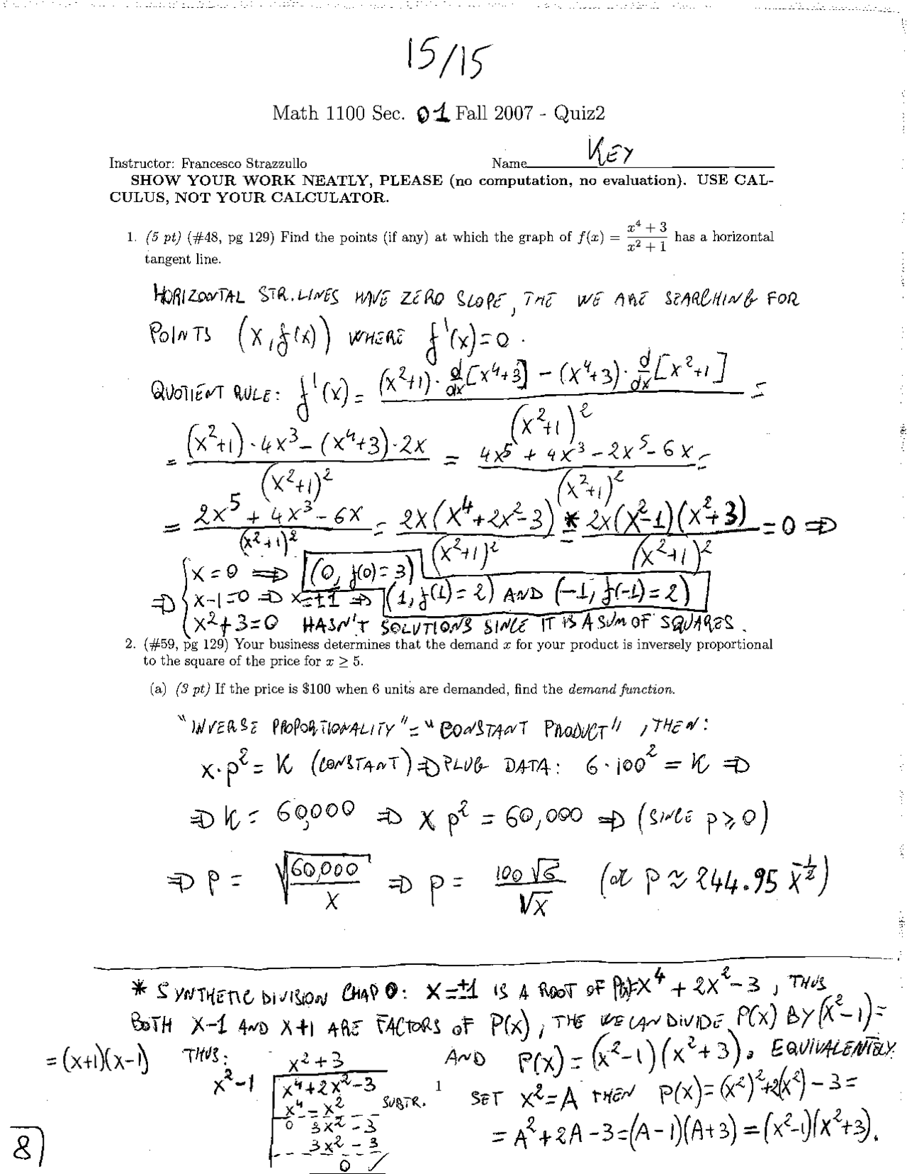 Sample Quiz 2 With Solutions Calculus Techniques Math 1100 Docsity