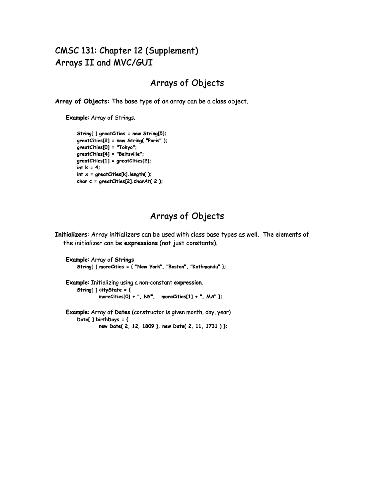 Arrays Ii And Mvcgui Object Oriented Programming I Cmsc 131 Docsity